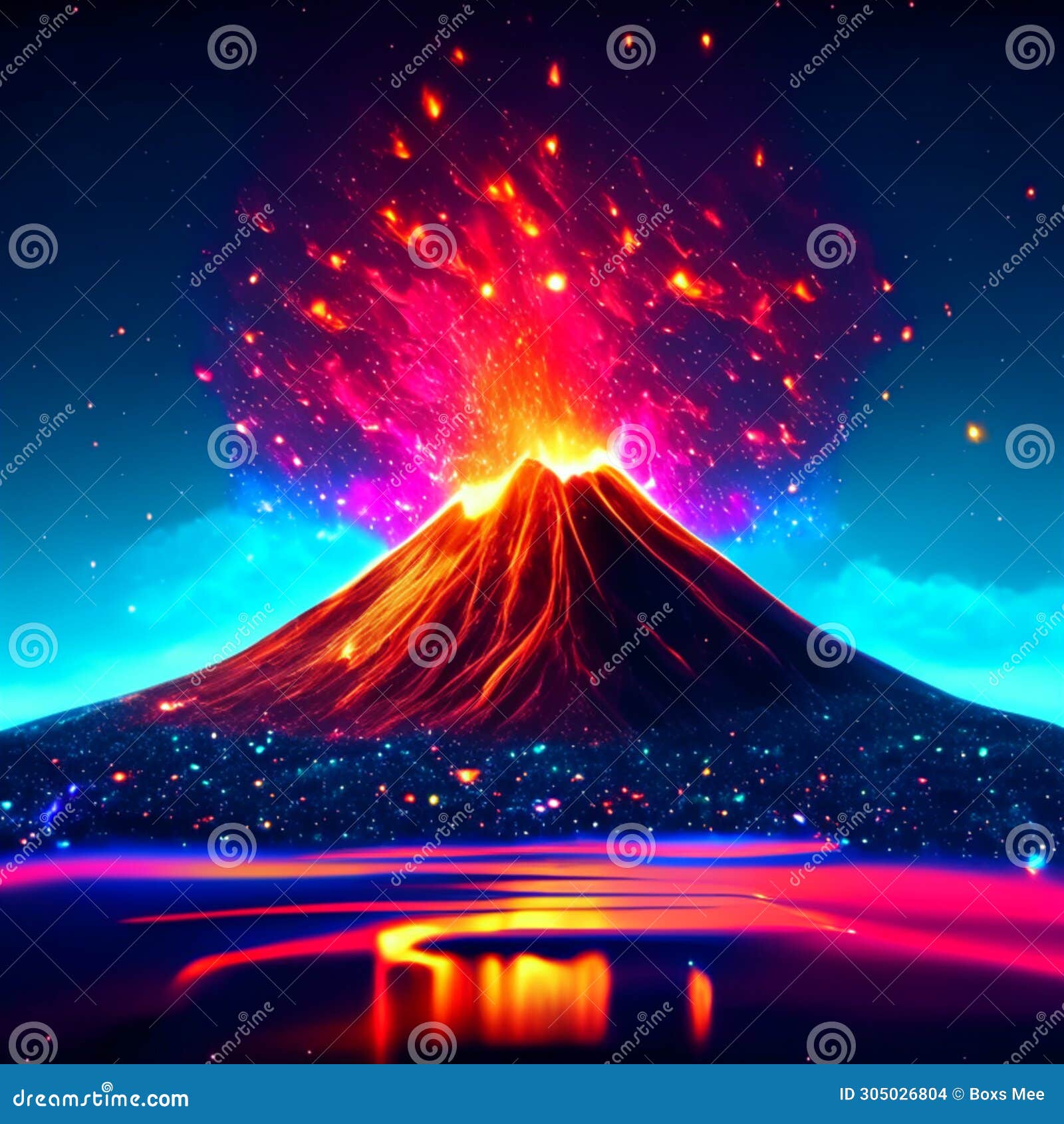 Volcano Eruption at Night, 3d Rendering. Computer Digital Drawing Stock ...