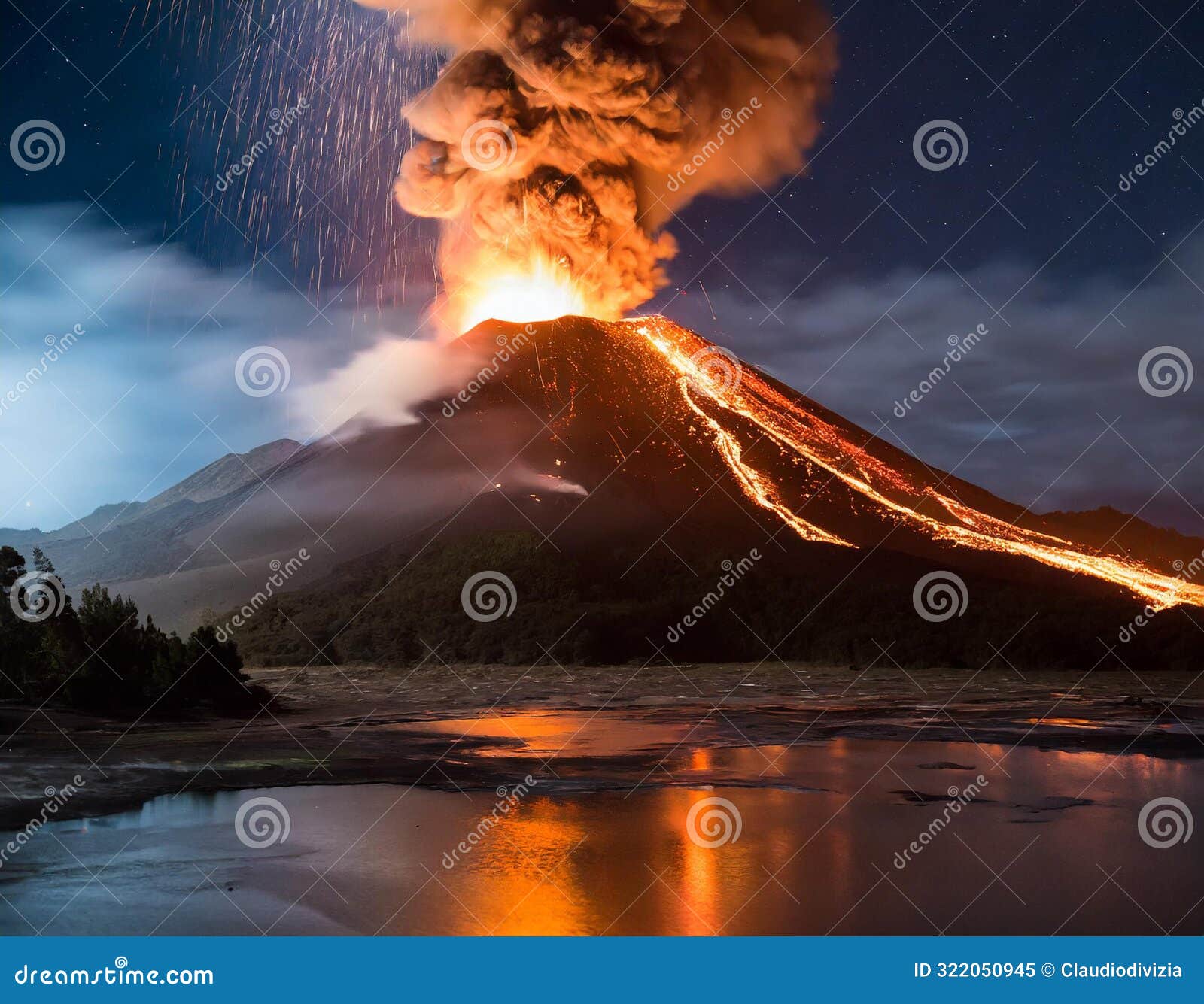 Volcano eruption at night stock illustration. Illustration of lava ...