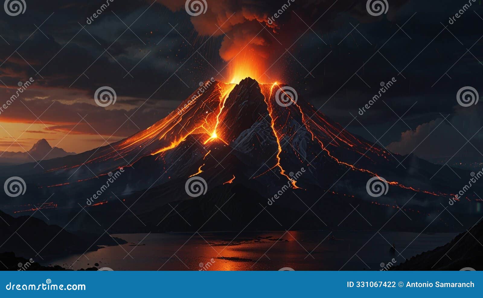 Volcano Eruption at Sunset. Computer Digital Drawing Stock Illustration ...