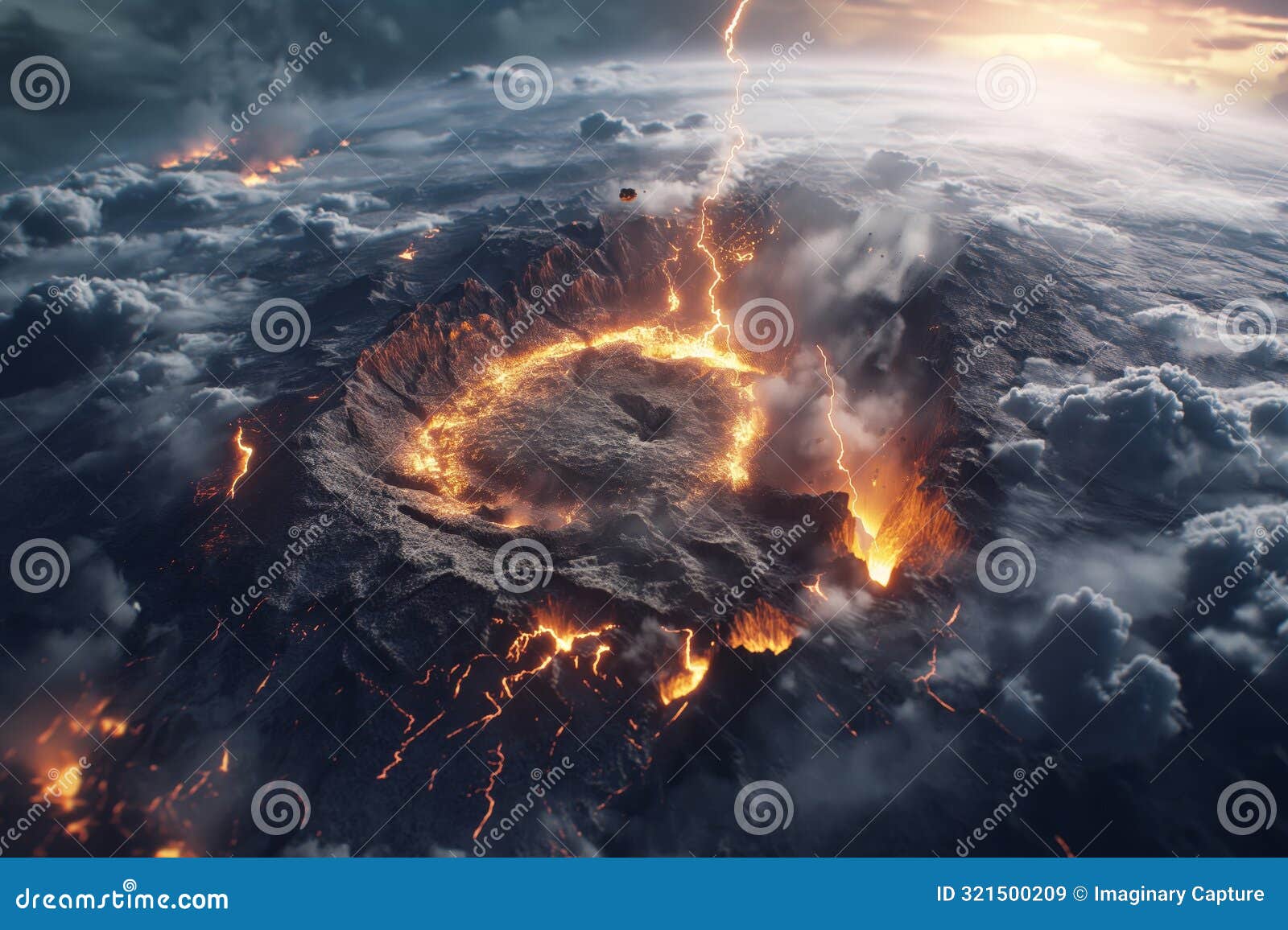 A Volcano Erupts with a Bright Flash of Lightning. Asteroid Impact ...
