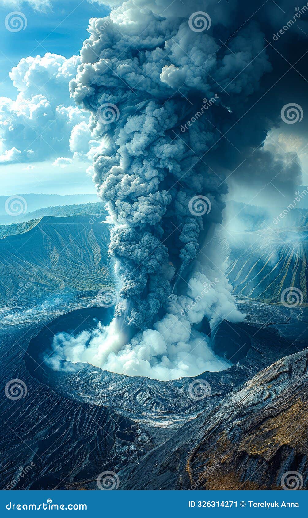 A Volcano Erupts with a Huge Plume of Smoke and Ash. the Sky is Blue ...