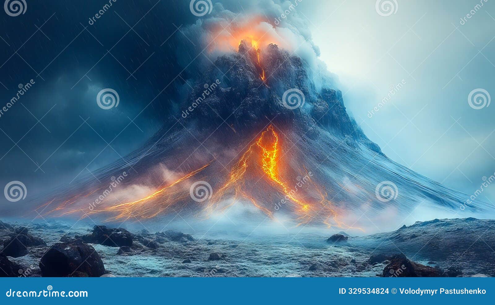 A Volcano Erupts Lava into the Air in the Middle of the Ocean Stock ...