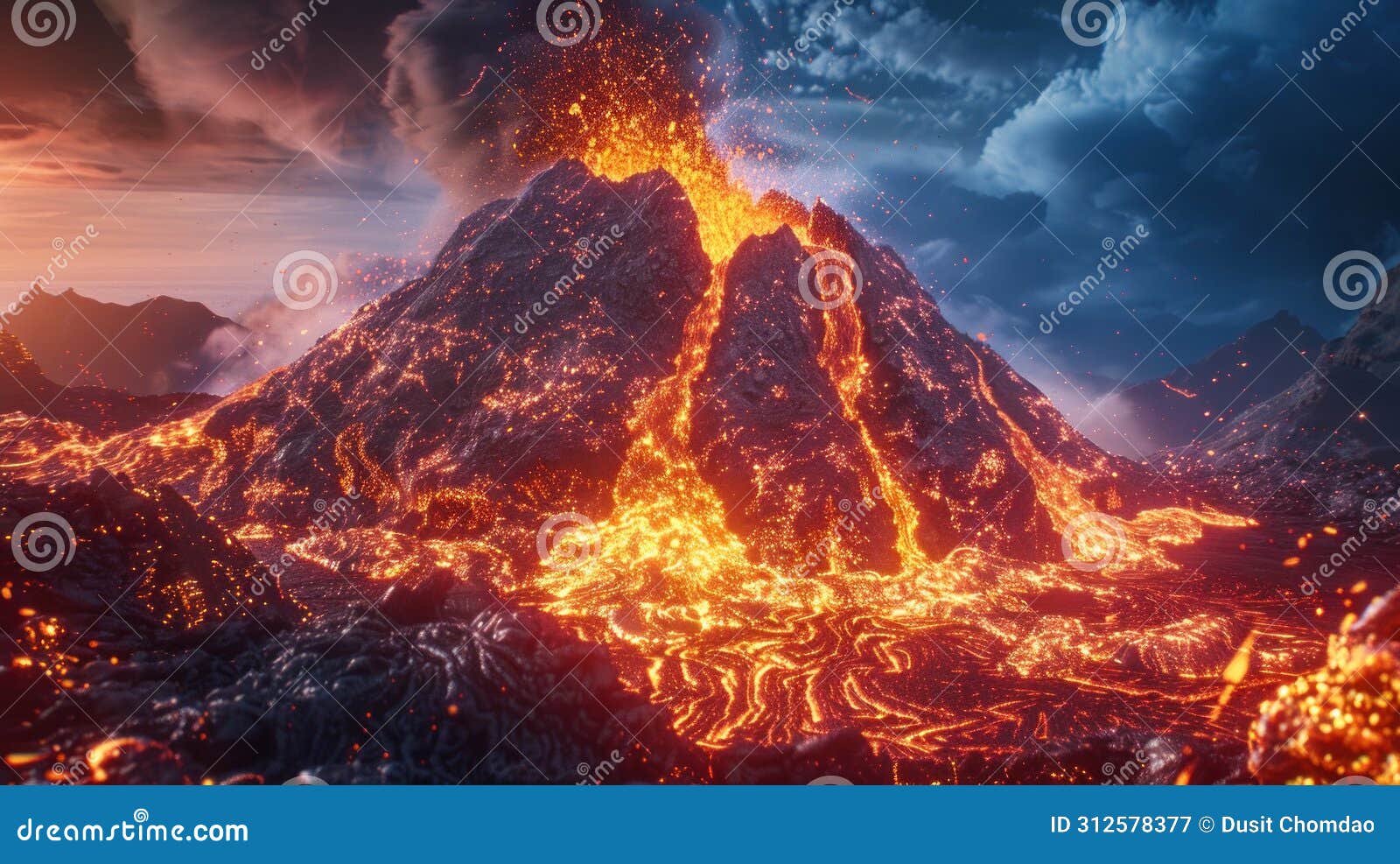 A Volcano Erupts with Lava Spewing Out of it Stock Image - Image of ...