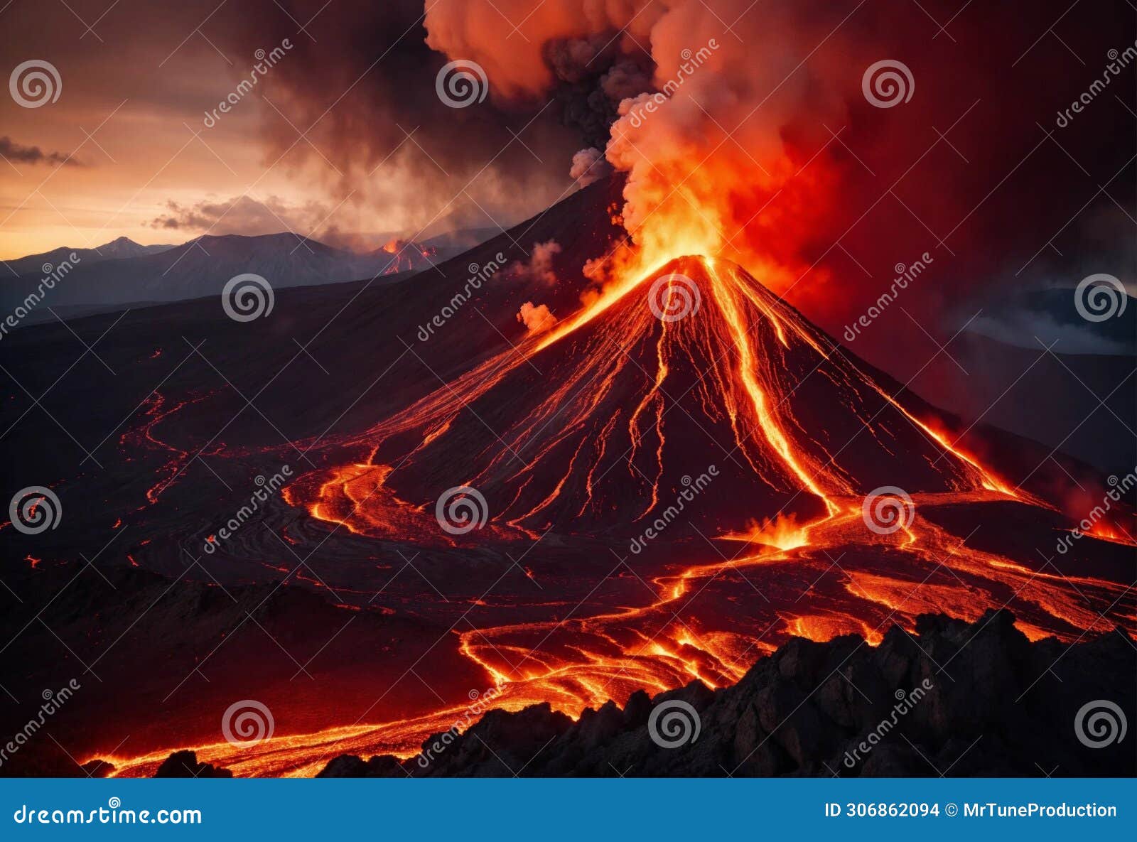 A Volcano Erupts, Spewing Lava and Ash into the Air Stock Photo - Image ...