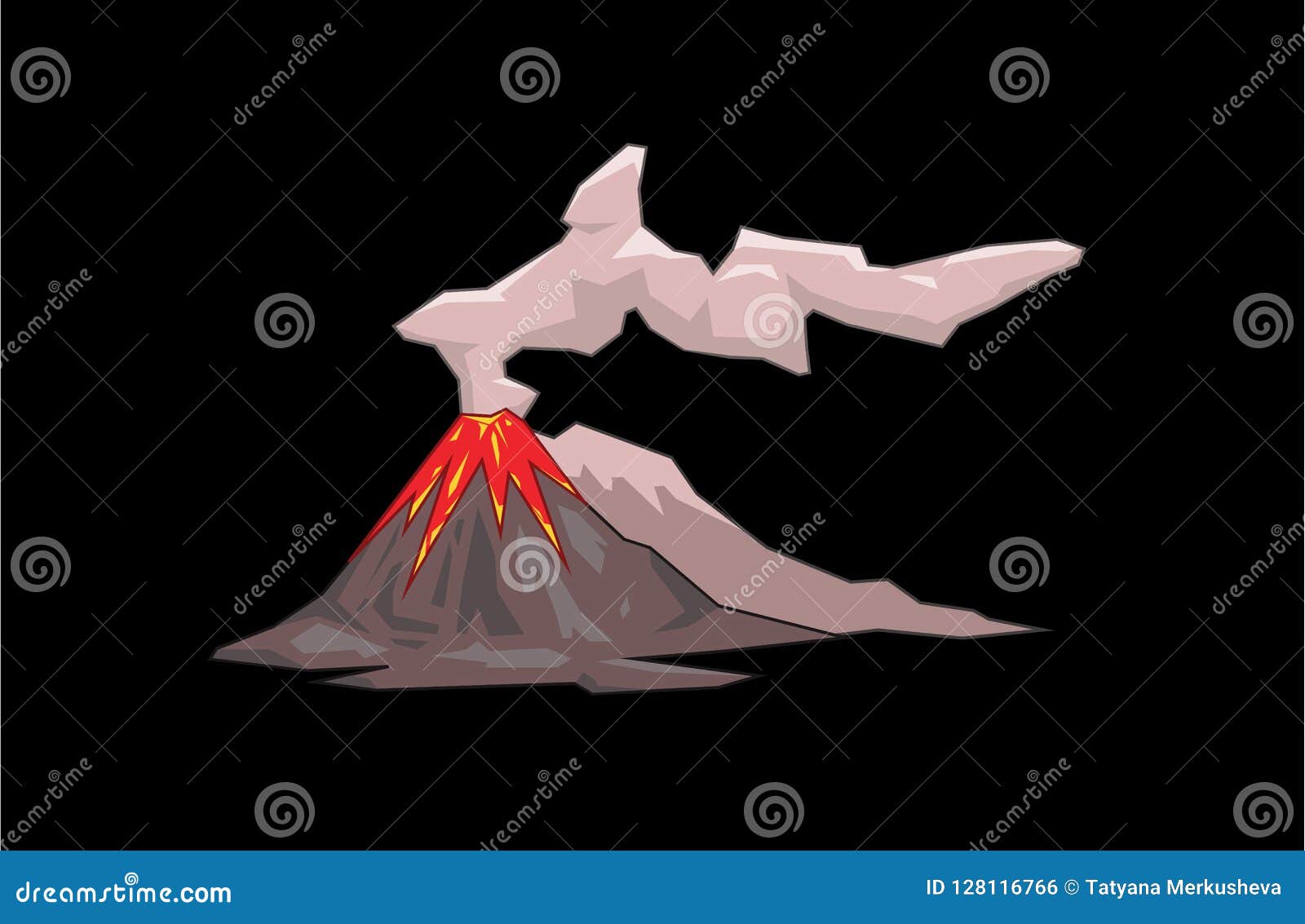Volcano Mountain Exploding. Flat Vector Illustration. Isolated on Black ...