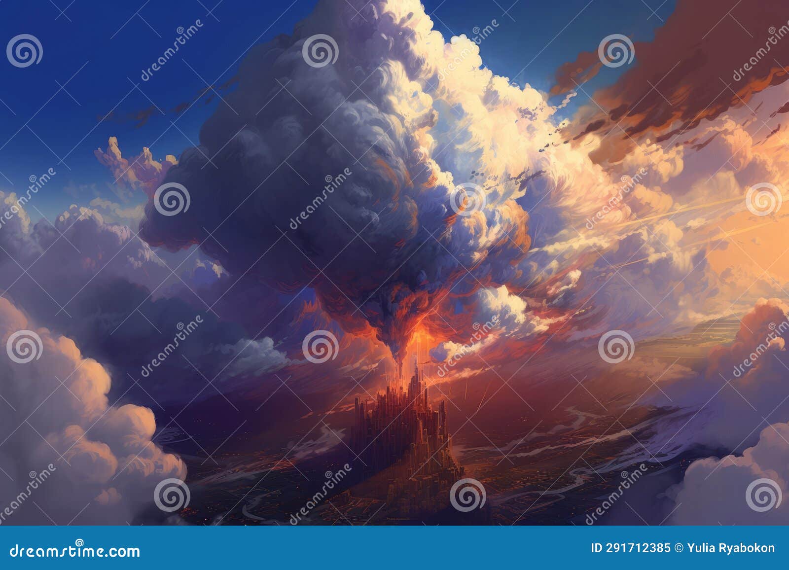 Volcano Explosion Seen Form Space, Landscape With Abstract Mountains ...