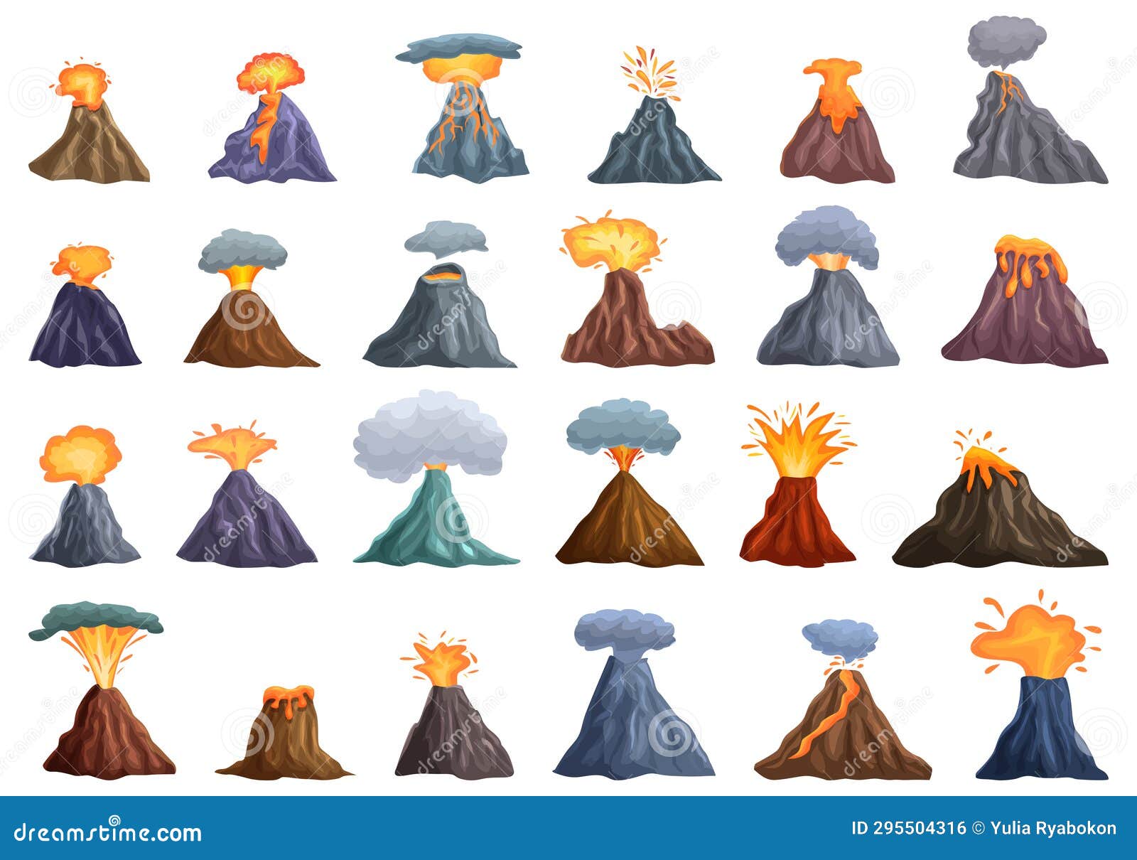 Volcano Explosion Icons Set Cartoon . Lava Eruption Explosion Stock ...