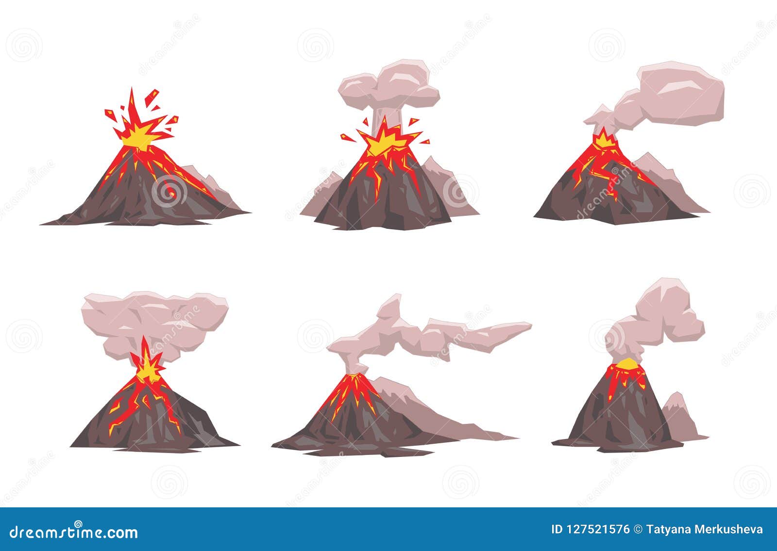Volcano Icon Set. Flat Vector Illustration. Isolated on White ... Volcano Icon Set. Flat Vector Illustration. Isolated on White ...