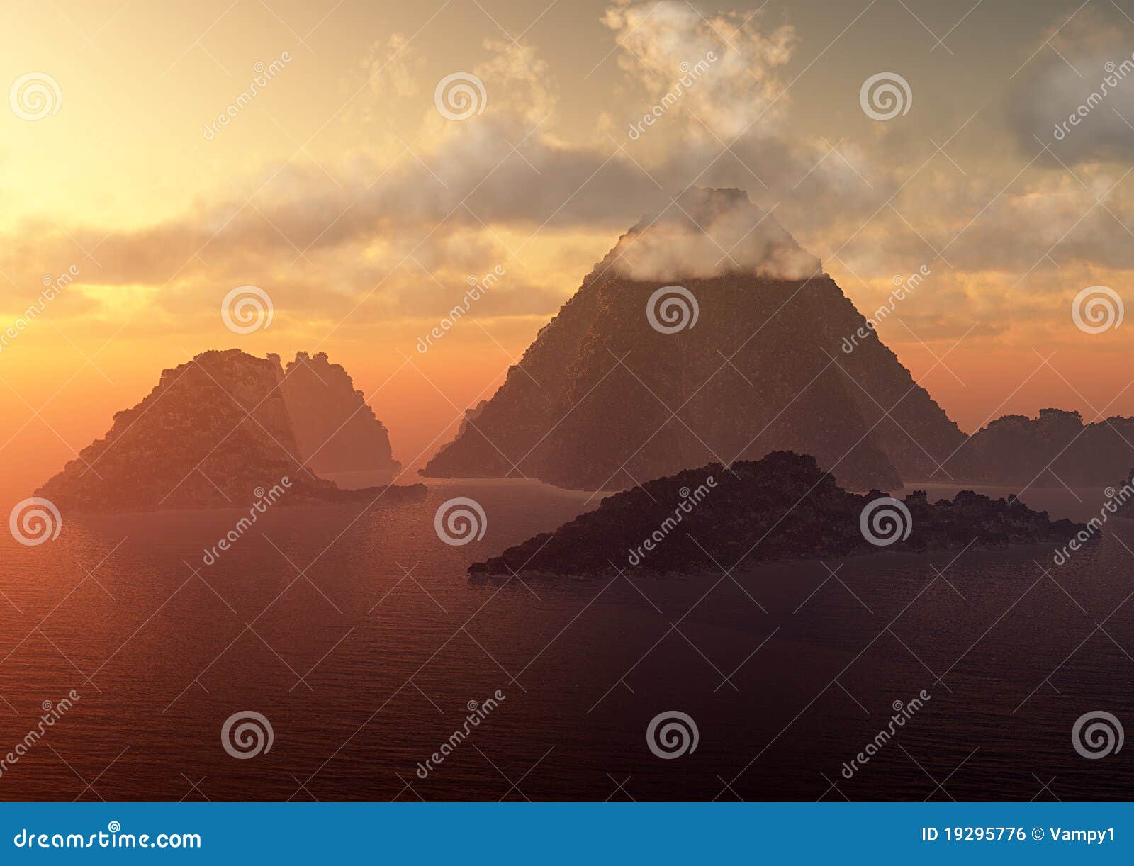 Volcano island at sunset stock illustration. Illustration of clouds ...