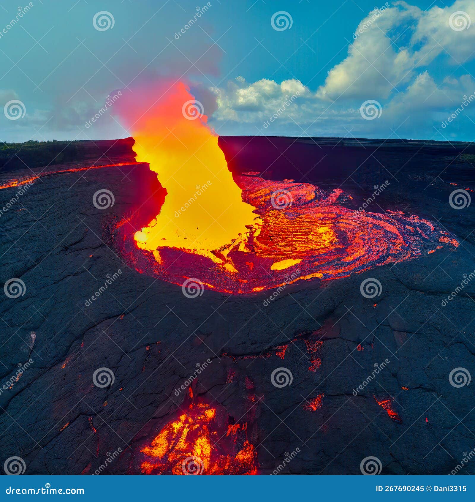 Volcano Landscape with Boiling Lava and Solidified Igneous Rock Stock ...