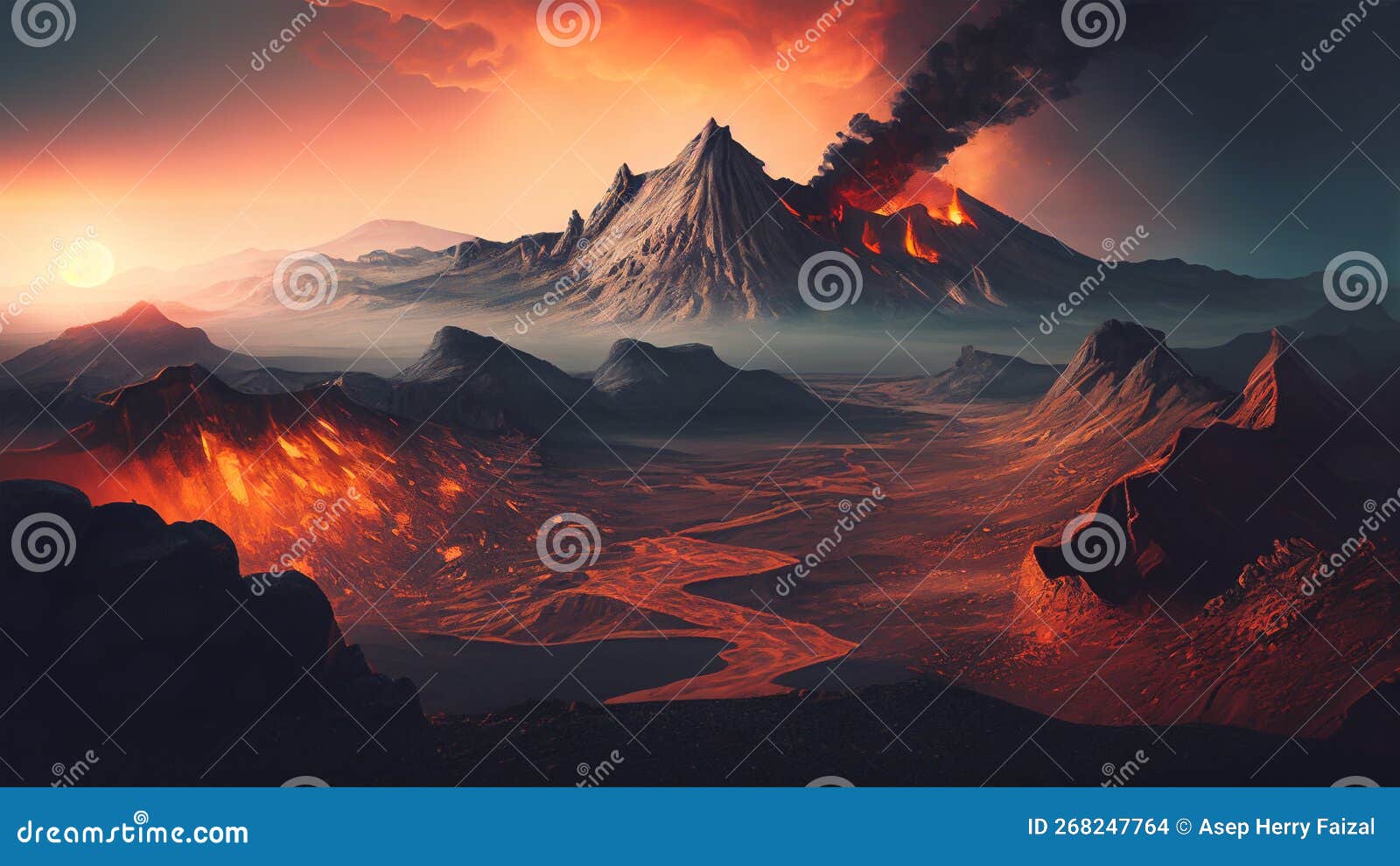 Volcano Landscape in Sunset Stock Illustration - Illustration of fire ...