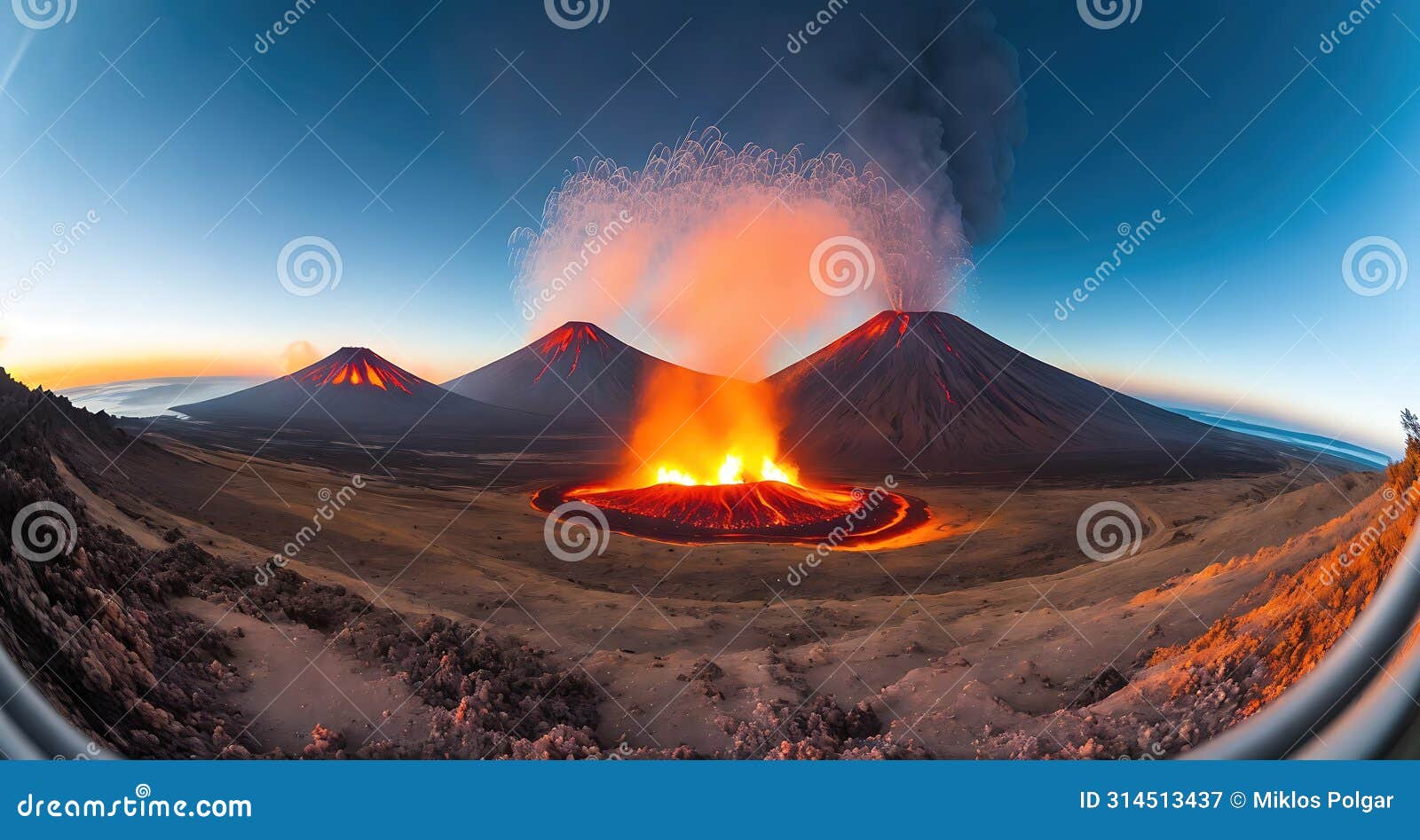 A Volcano with Lava Flowing from Its Top. the Sun is Setting Behind the ...