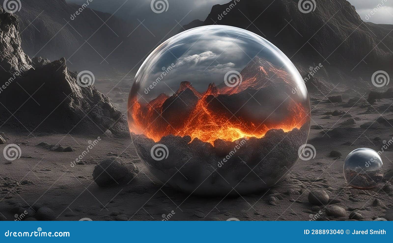 Volcano in the Night, Metal Sphere Reflecting the Erupting Volcano Ai ...