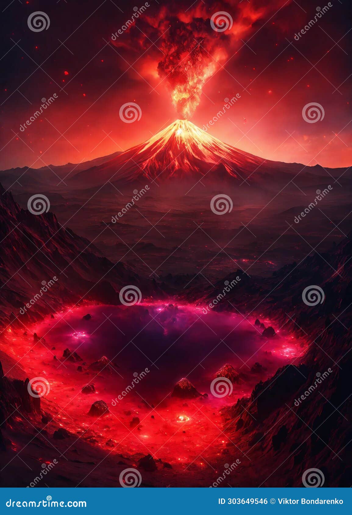 Volcano and red magma stock illustration. Illustration of lava - 303649546