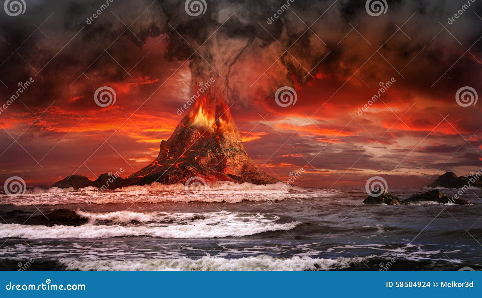 Volcano on the sea stock illustration. Illustration of magma - 58504924