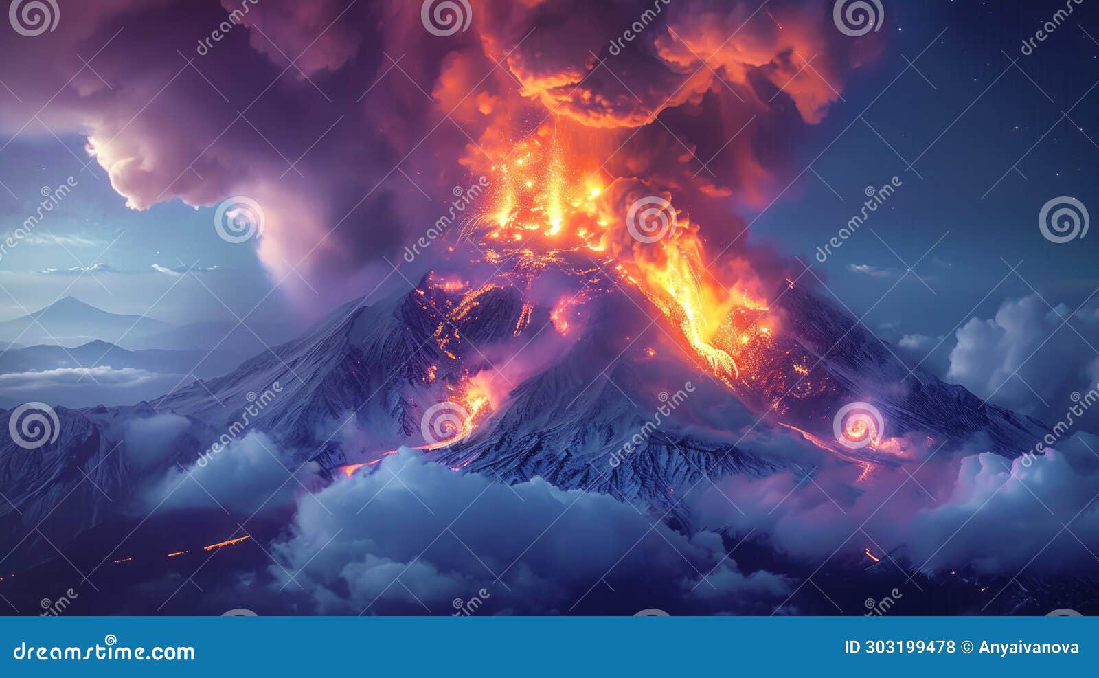 A Volcano Spewing Lava and Lava into the Sky Stock Illustration ...