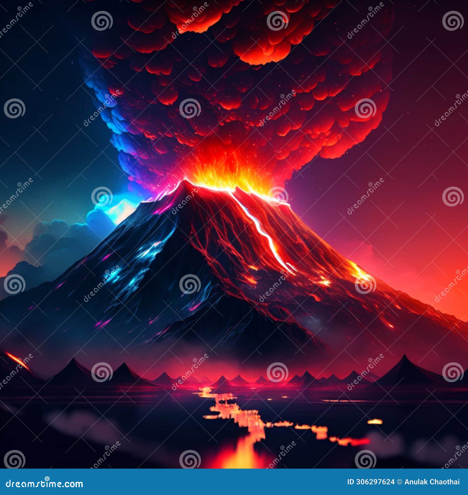 Volcano at Sunset, 3d Rendering. Computer Digital Drawing Stock ...