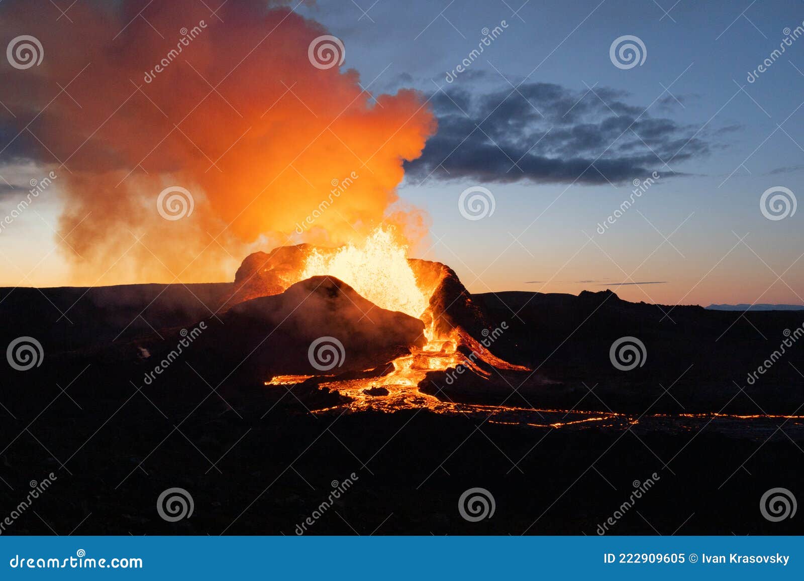 Volcano in sunset stock image. Image of reflection, poster - 222909605