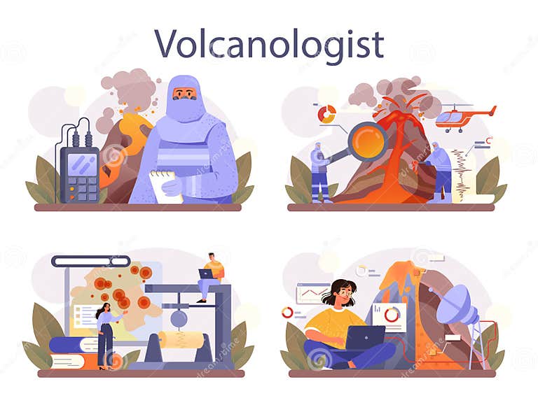 Volcanologist Concept Set. Geologist Studying the Processes and ... Volcanologist Concept Set. Geologist Studying the Processes and ...