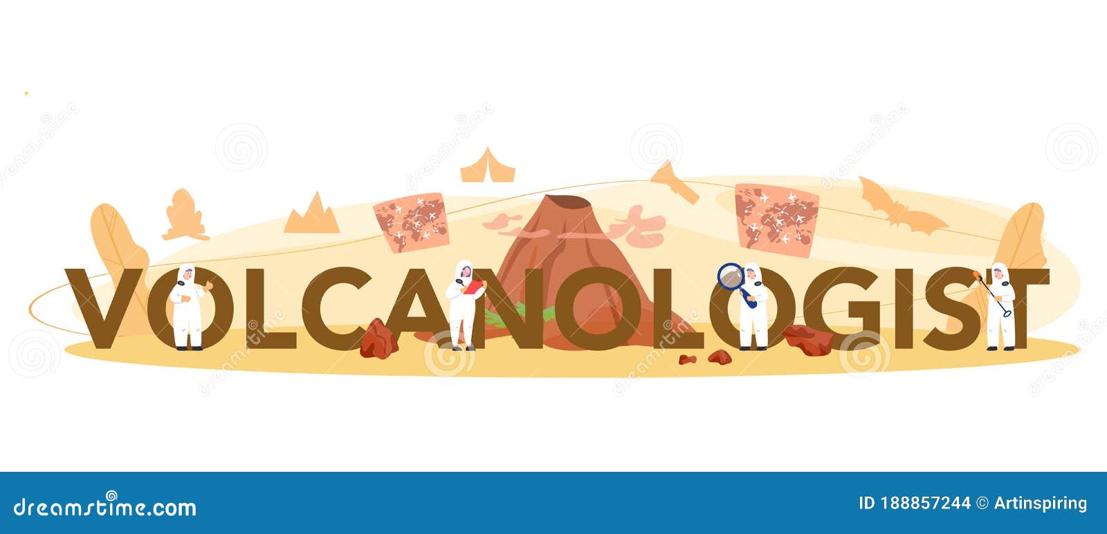 Volcanologist Typographic Header Concept. Geologist Studying the ...