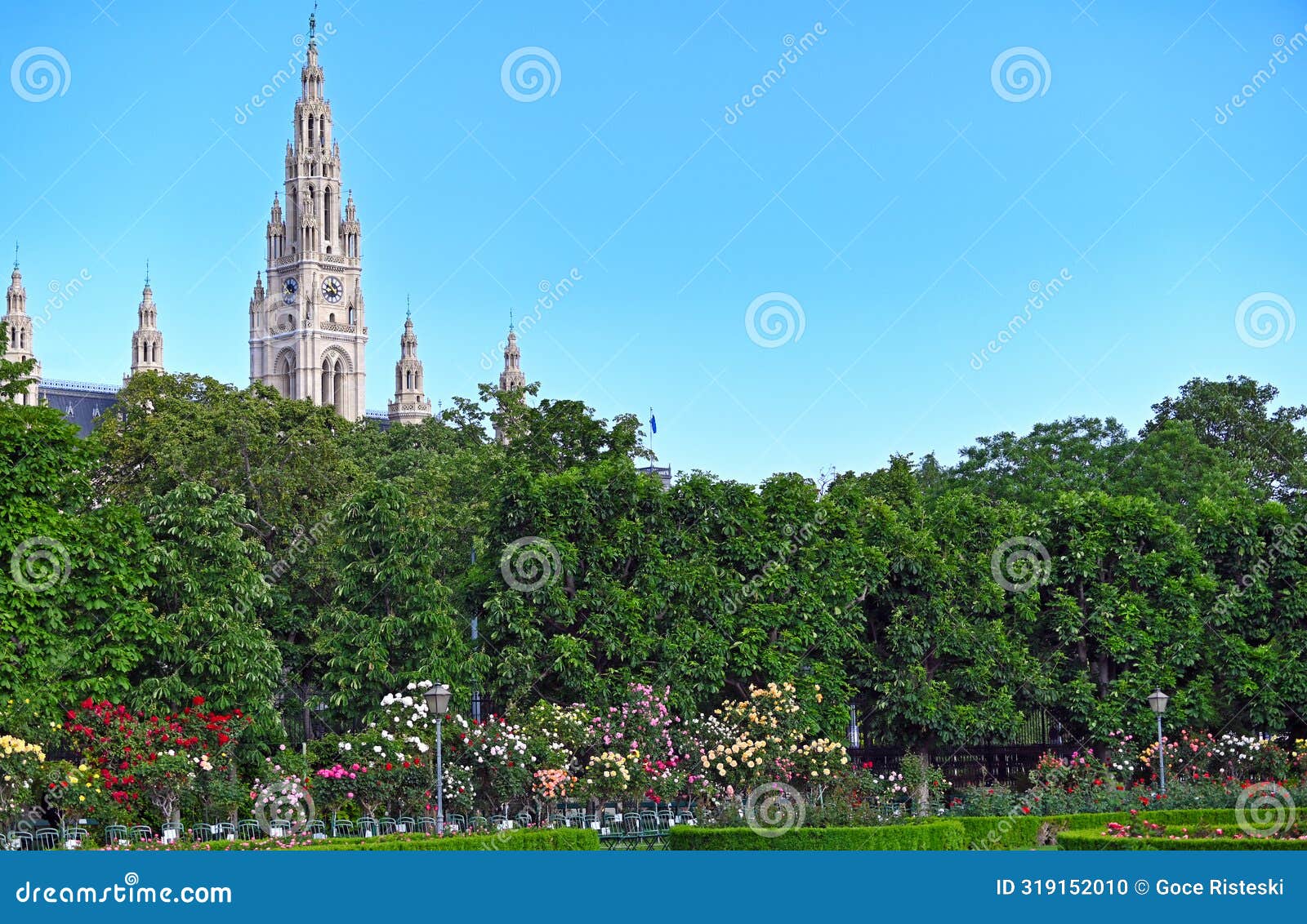 Volksgarten and Rathaus Tower in the Background,Vienna Stock Photo ...