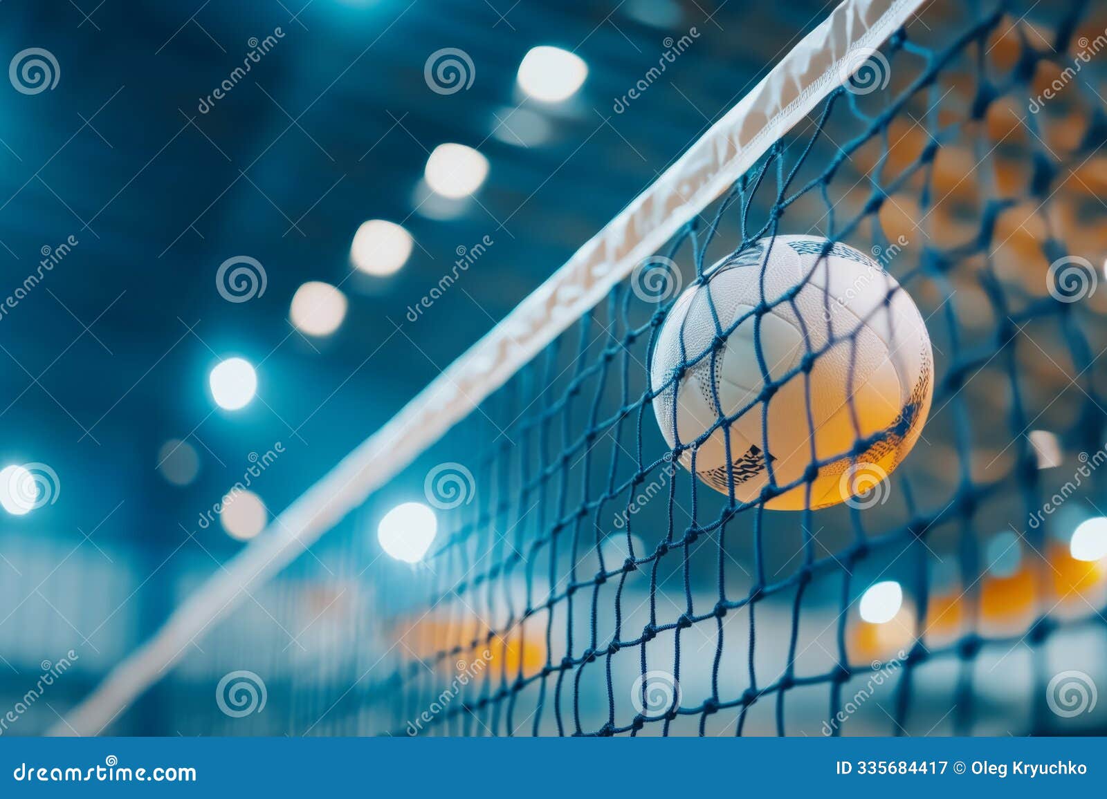 A Volleyball Hangs Over the Net in a Dynamic Gym Setting. the Vibrant ...