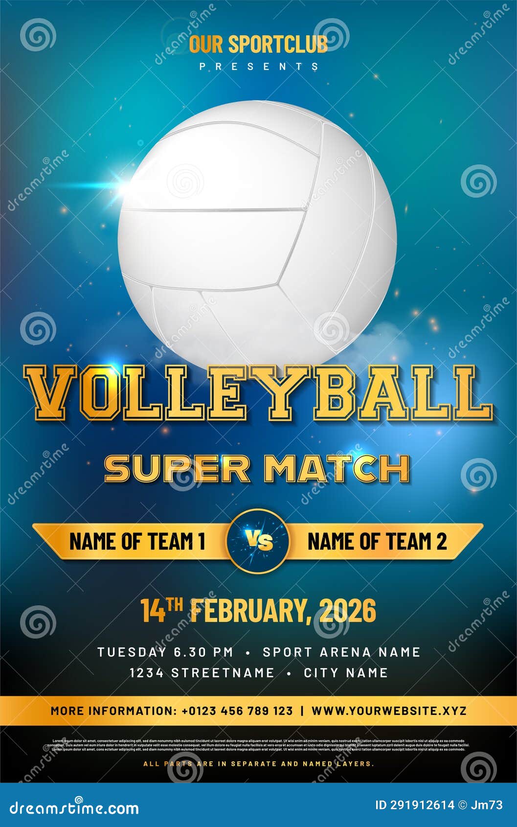 Volleyball Match Poster Template With Ball And Halftone Textures Vector ...