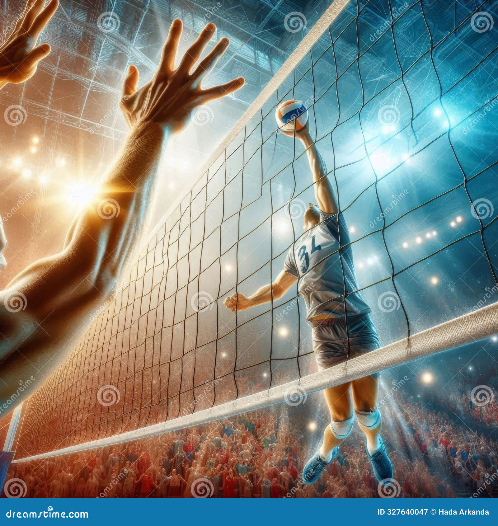 Volleyball Spike and Hand Block Over the Net in a Vibrant Stadium Stock ...