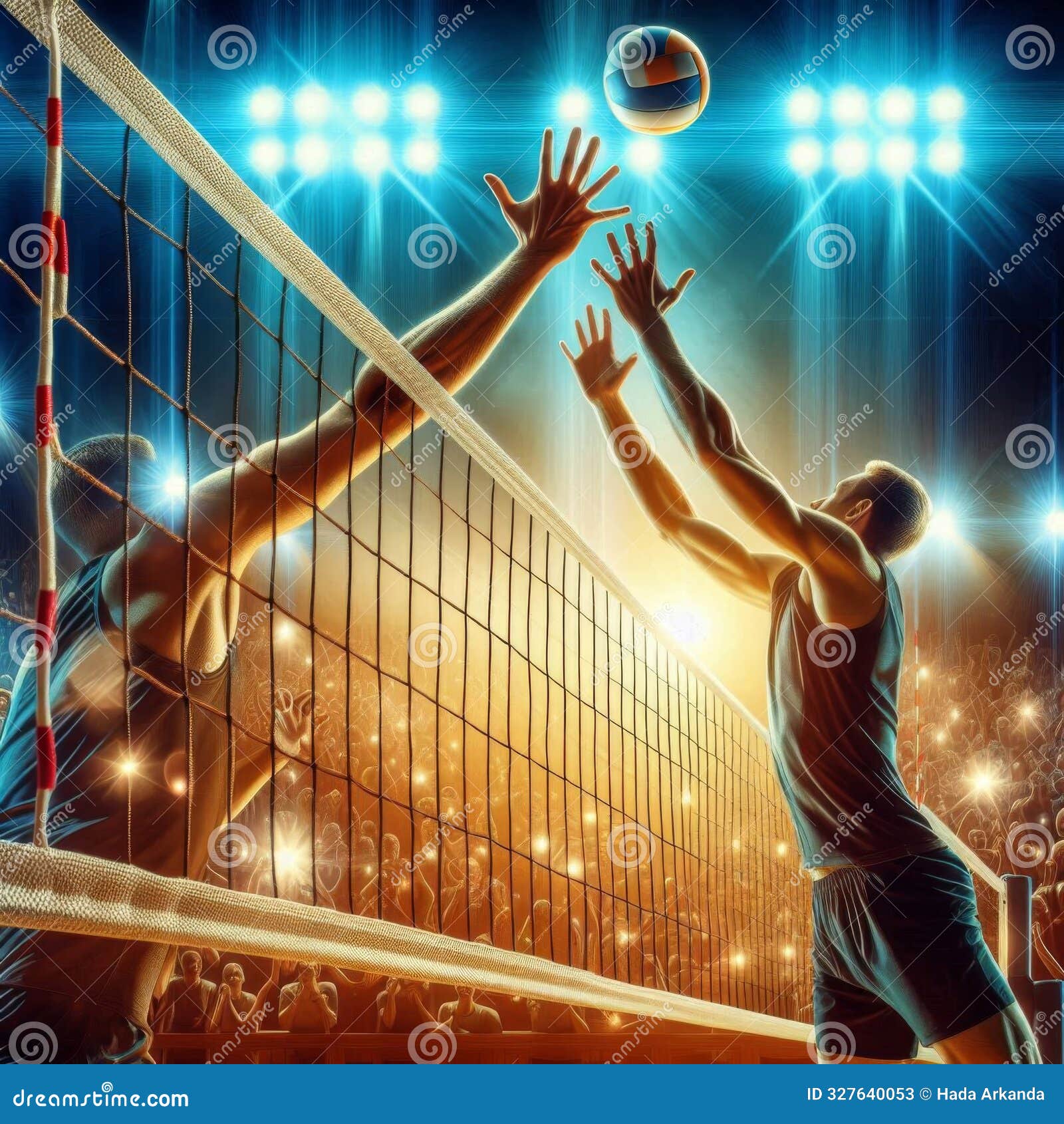 Volleyball Spike and Hand Block Over the Net in a Vibrant Stadium Stock ...