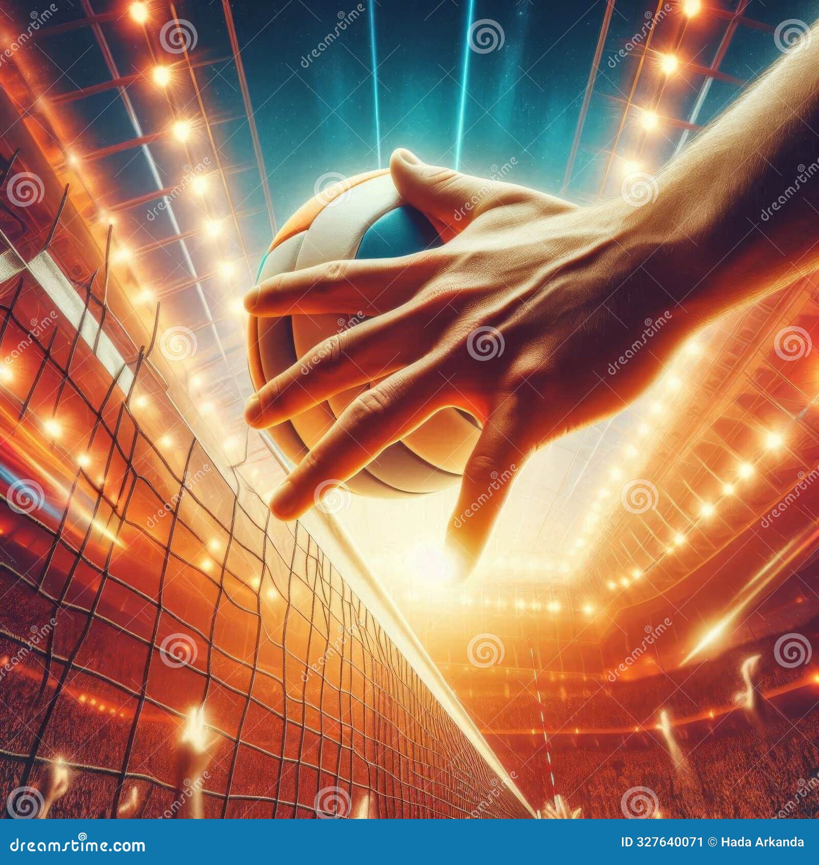 Volleyball Spike and Hand Block Over the Net in a Vibrant Stadium Stock ...