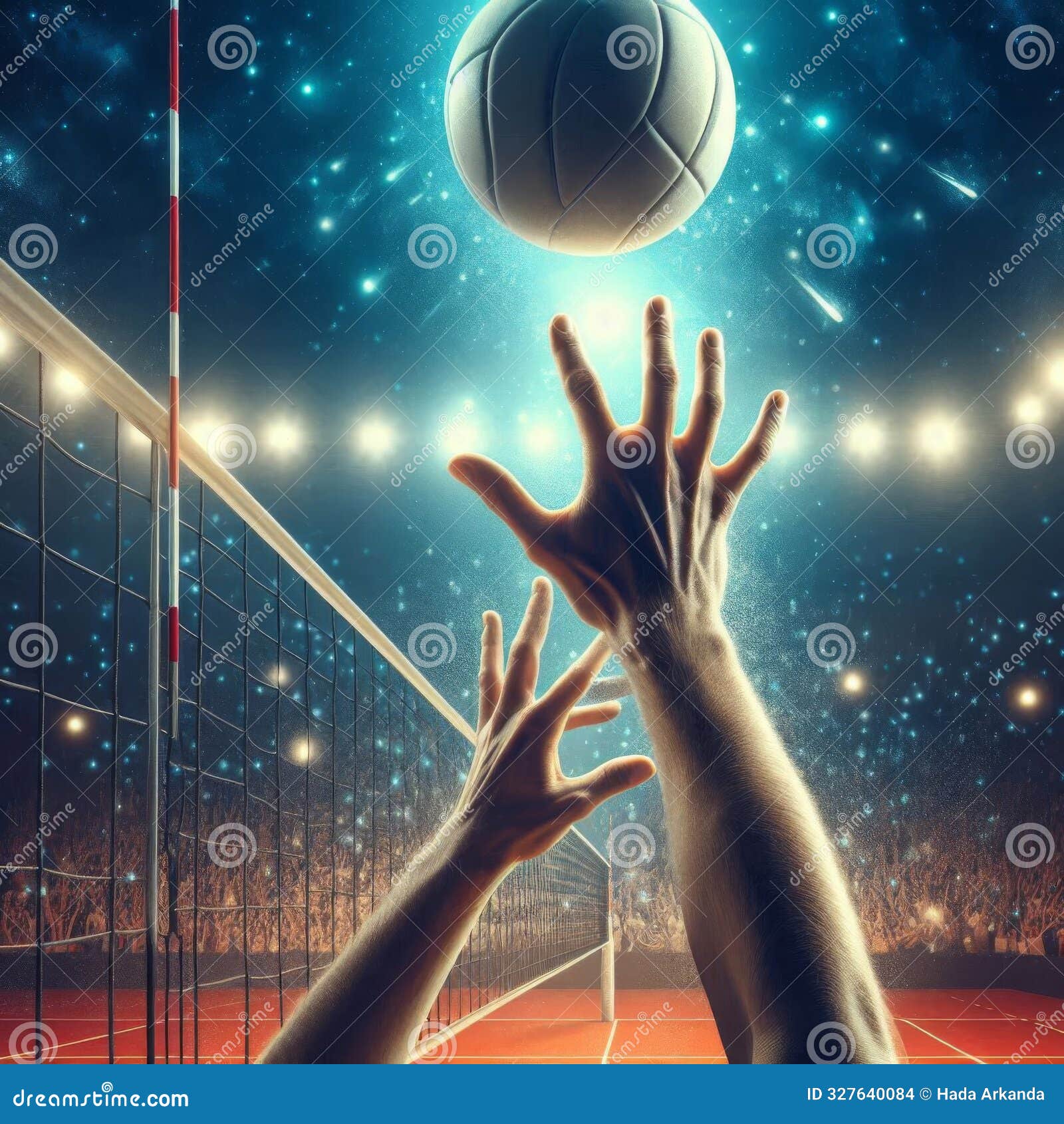 Volleyball Spike and Hand Block Over the Net in a Vibrant Stadium Stock ...