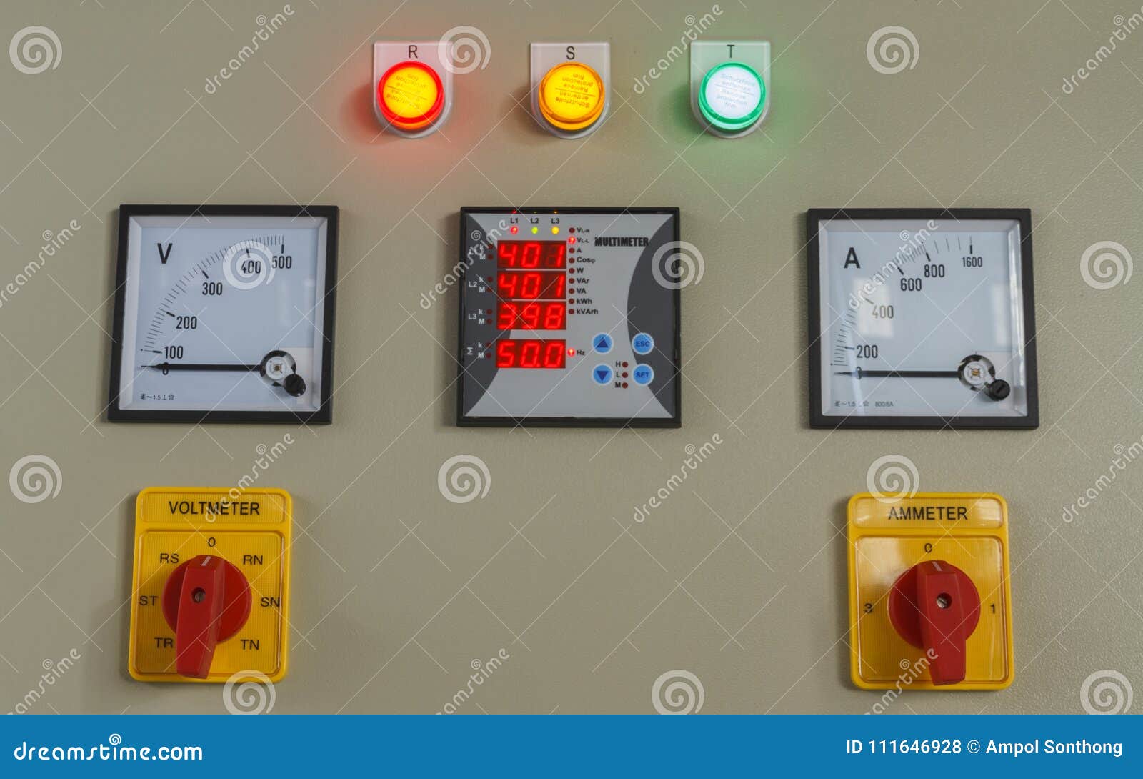 Volt and Amp Meter Switching Button on Electric Control Panel. Stock ...