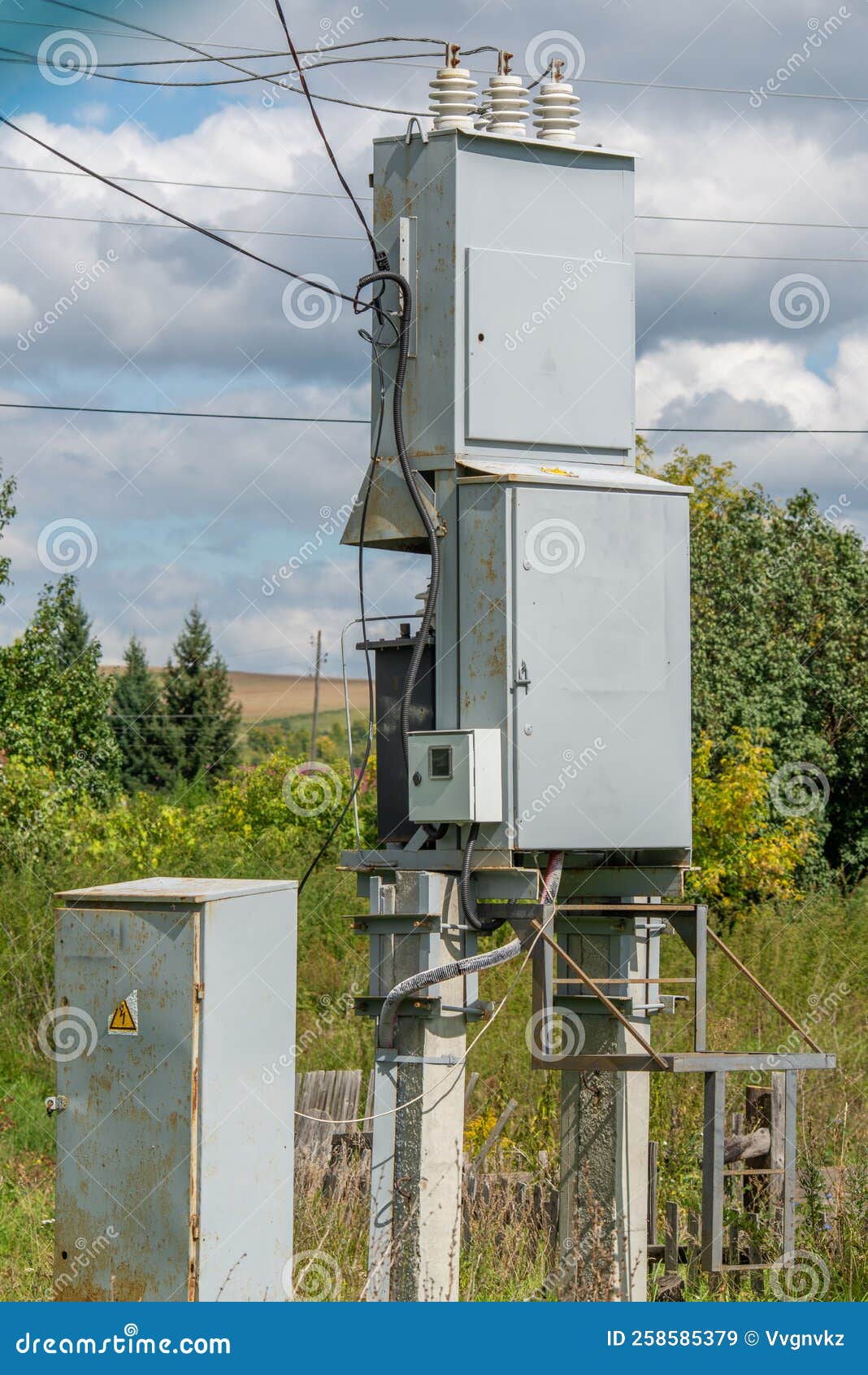 380 Volt Electric Step-down Transformer Standing in the Village Stock ...