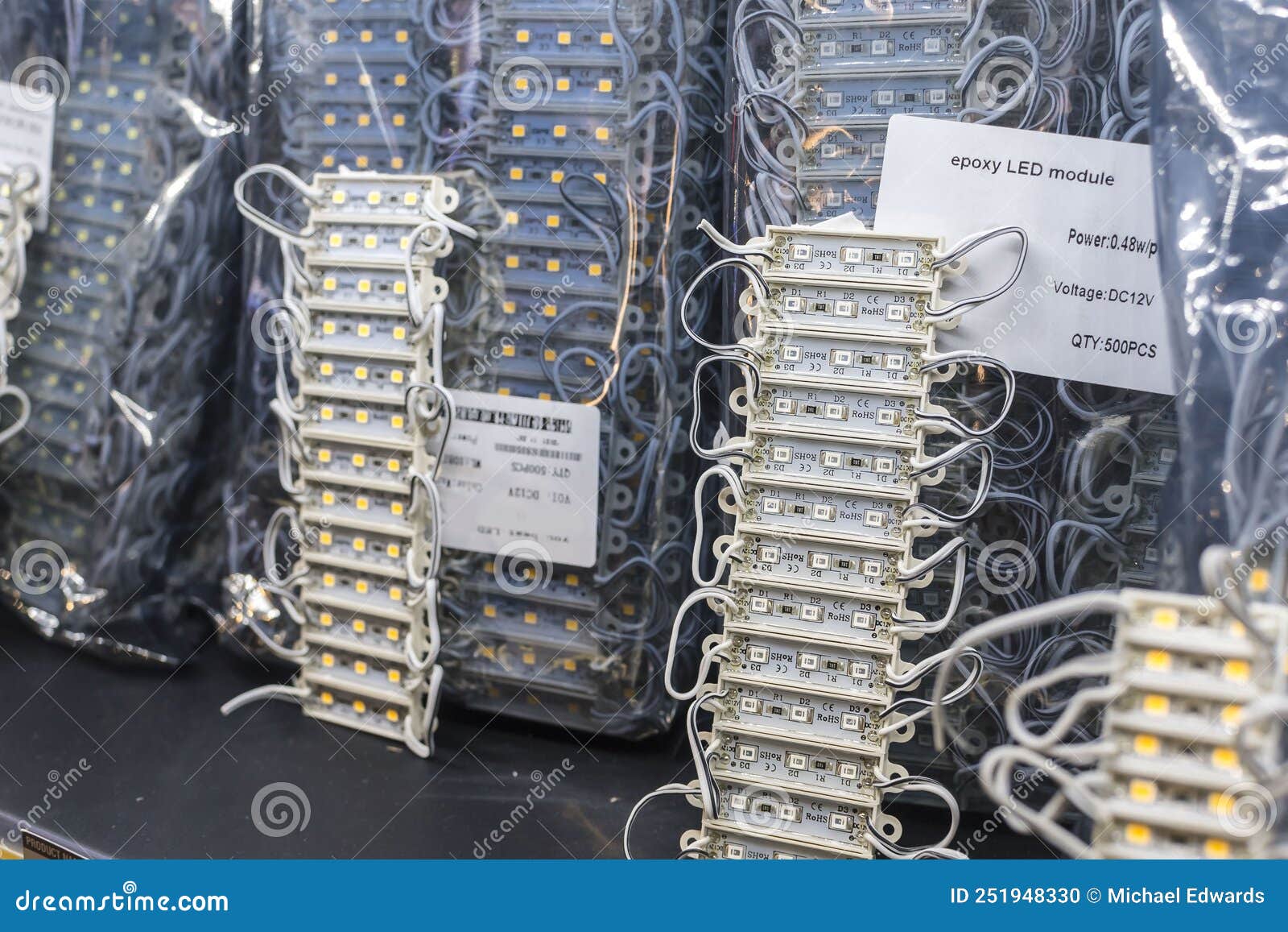 12 Volt Poxy LED Modules Lights on Display at an Electronics Store. an ...