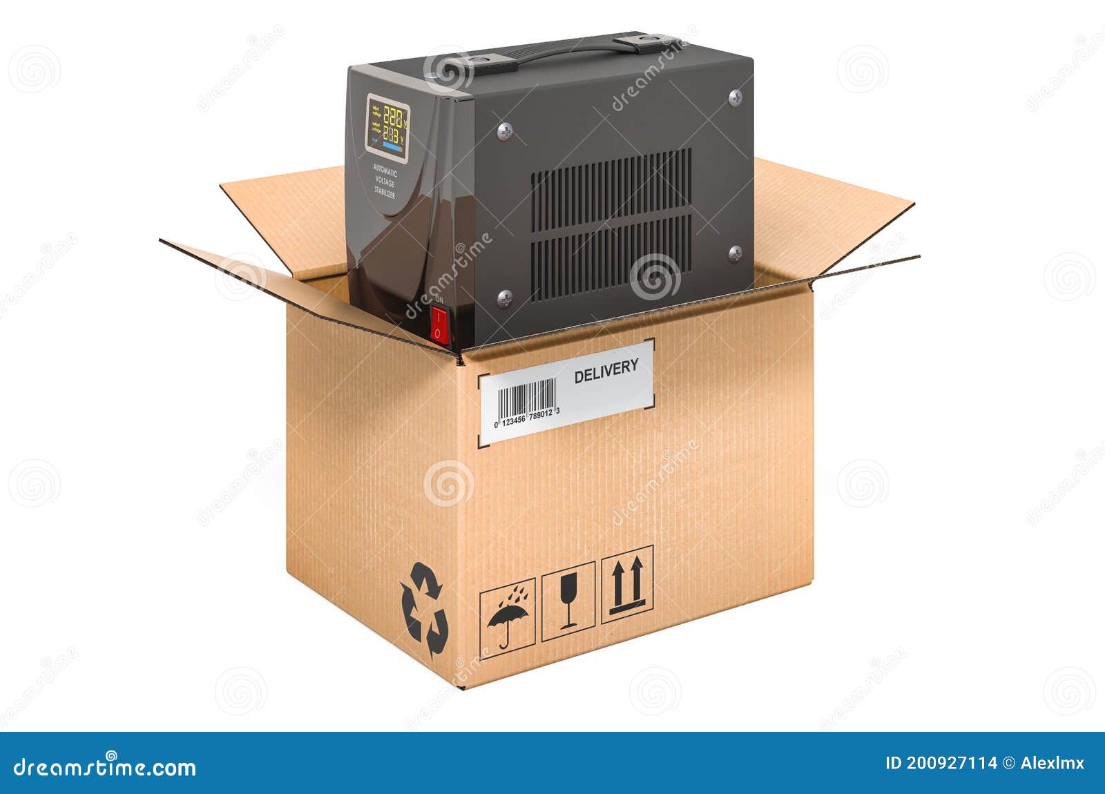 Voltage Stabilizer Inside Cardboard Box, Delivery Concept. 3D Rendering ...