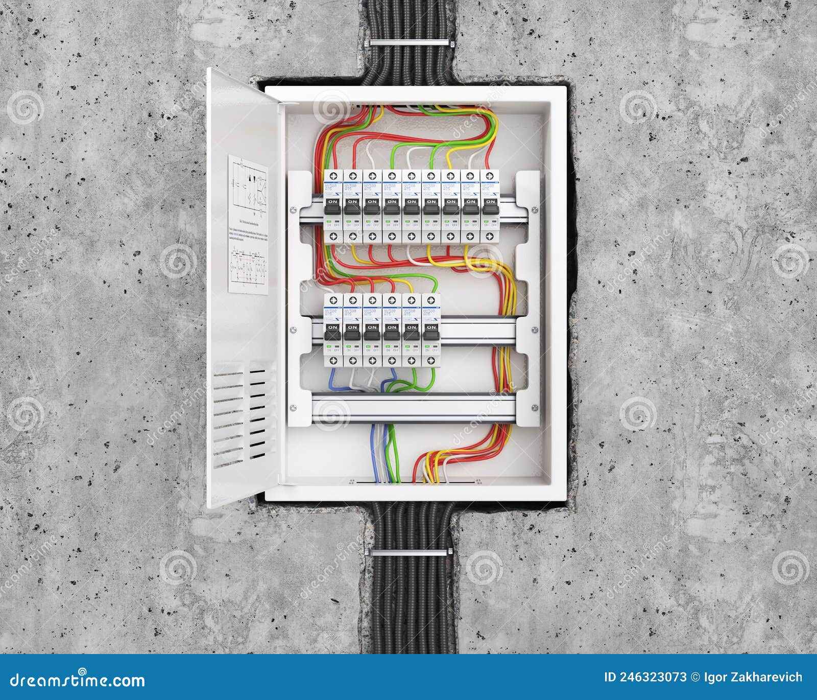 Voltage Switchboard with Circuit Breakers in the Concrete Wall ...