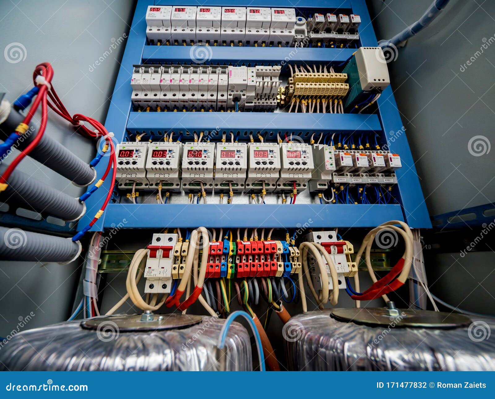 Voltage Switchboard with Circuit Breakers. Electrical Background. Stock ...
