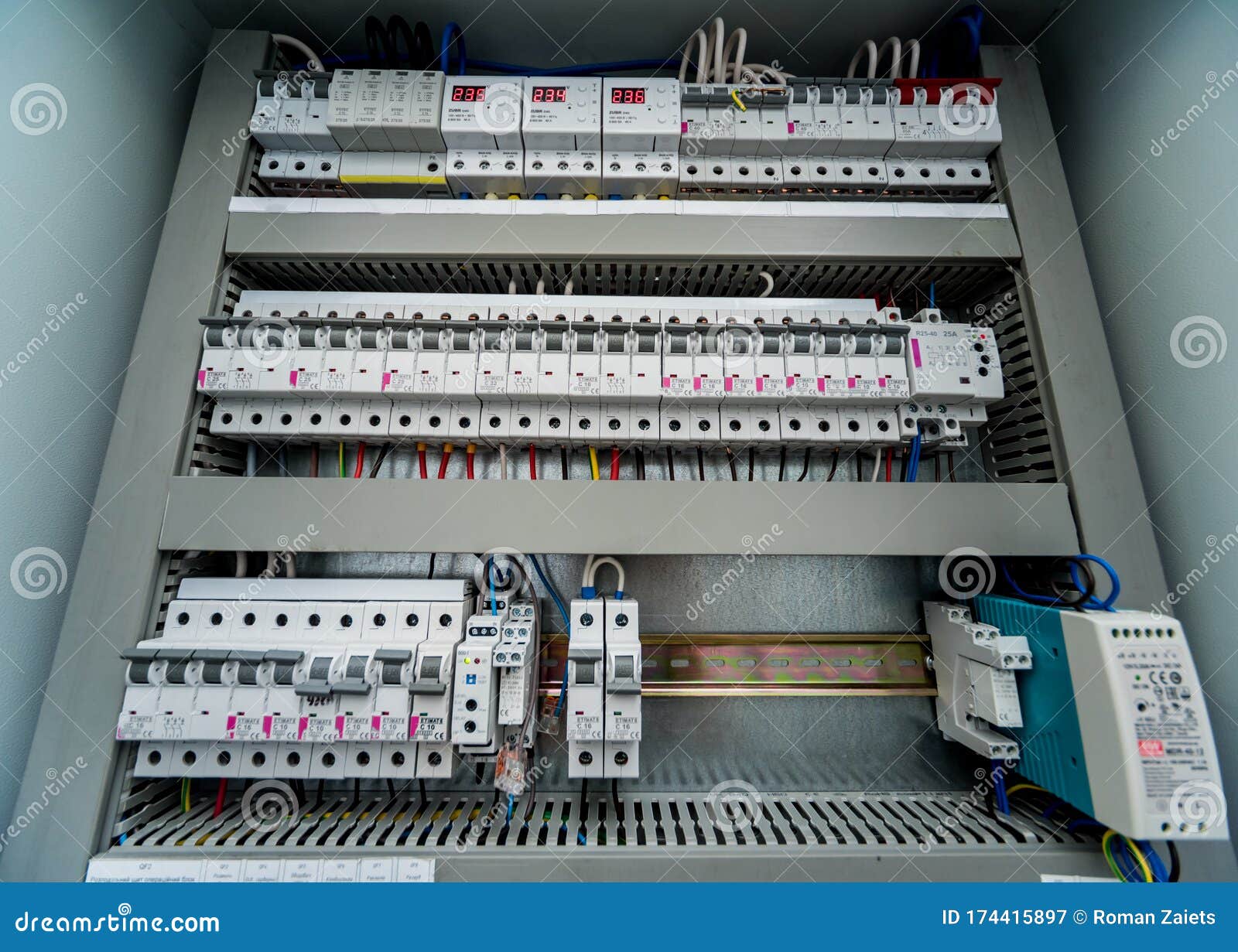 Voltage Switchboard with Circuit Breakers. Electrical Background. Stock ...