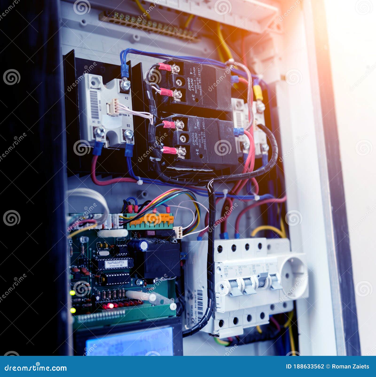 Voltage Switchboard with Circuit Breakers. Electrical Background. Stock ...