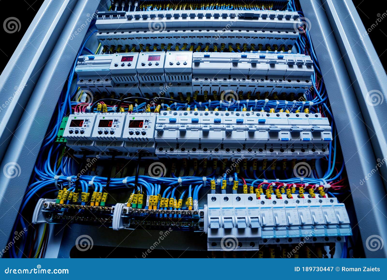 Voltage Switchboard with Circuit Breakers. Electrical Background. Stock ...