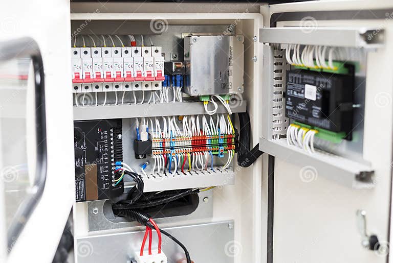 Voltage Switchboard with Circuit Breakers. Engine or Pump Control Cabinet. Assembly, Inspection ...