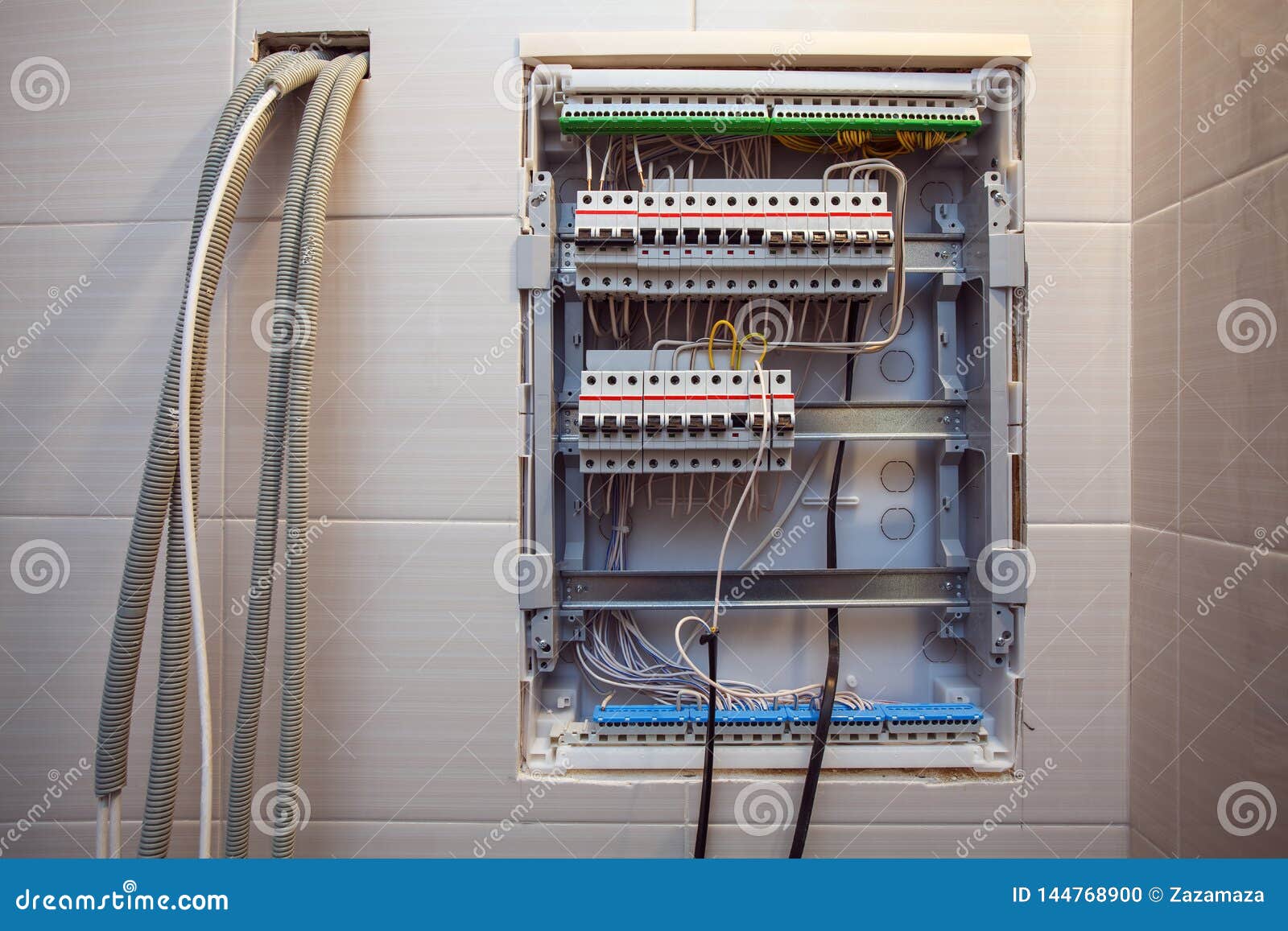 Voltage Switchboard with Circuit Breakers are in the on and of ...