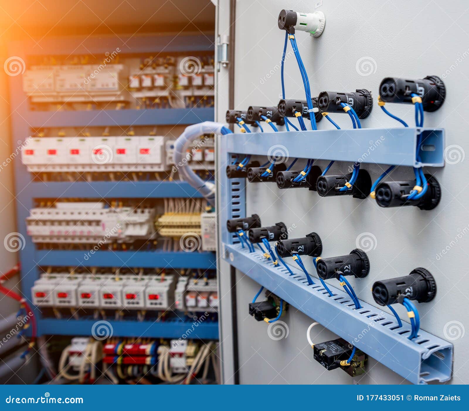 Voltage Switchboard with Circuit Breakers. Modern Electrical Background ...