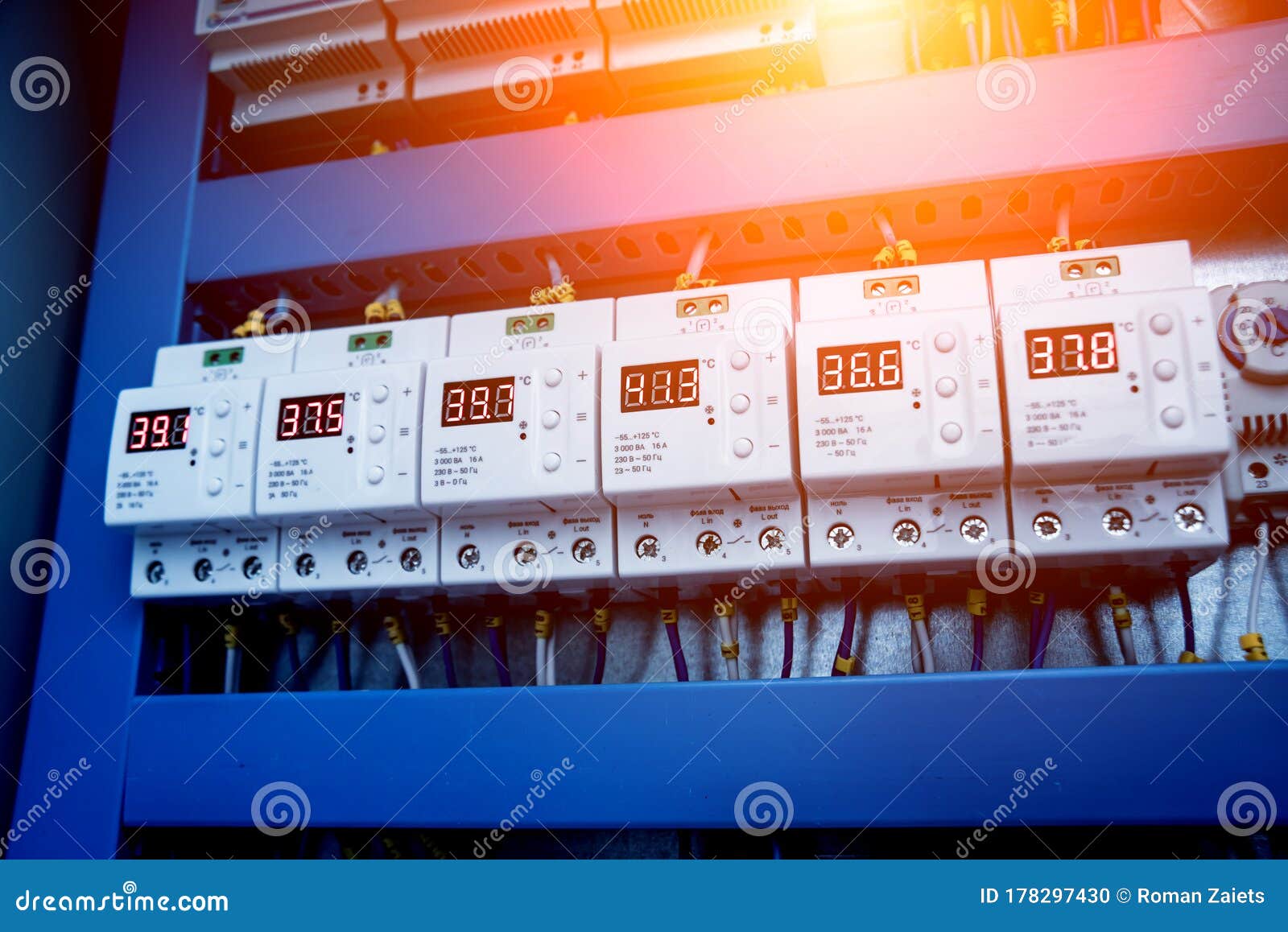 Voltage Switchboard with Circuit Breakers. Modern Electrical Background ...