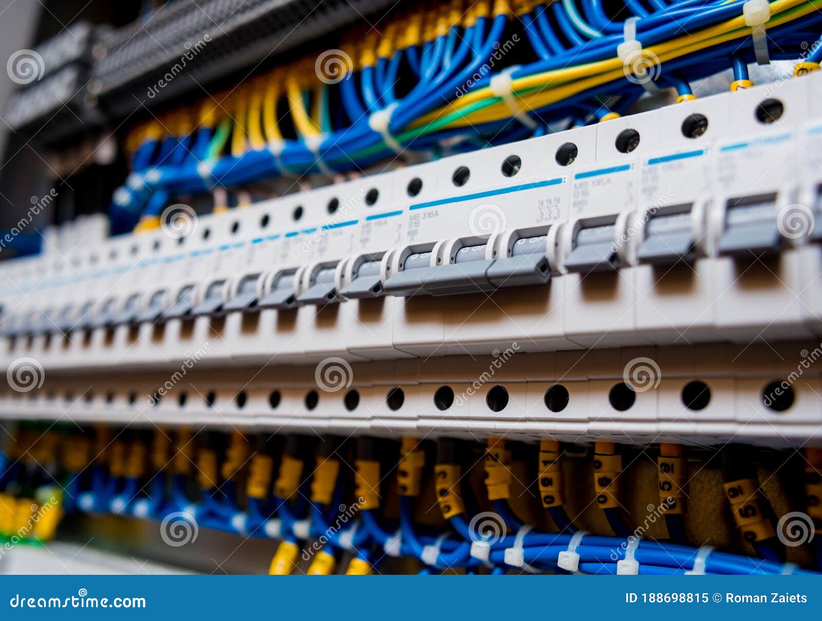 Voltage Switchboard with Circuit Breakers. Electrical Background. Stock ...