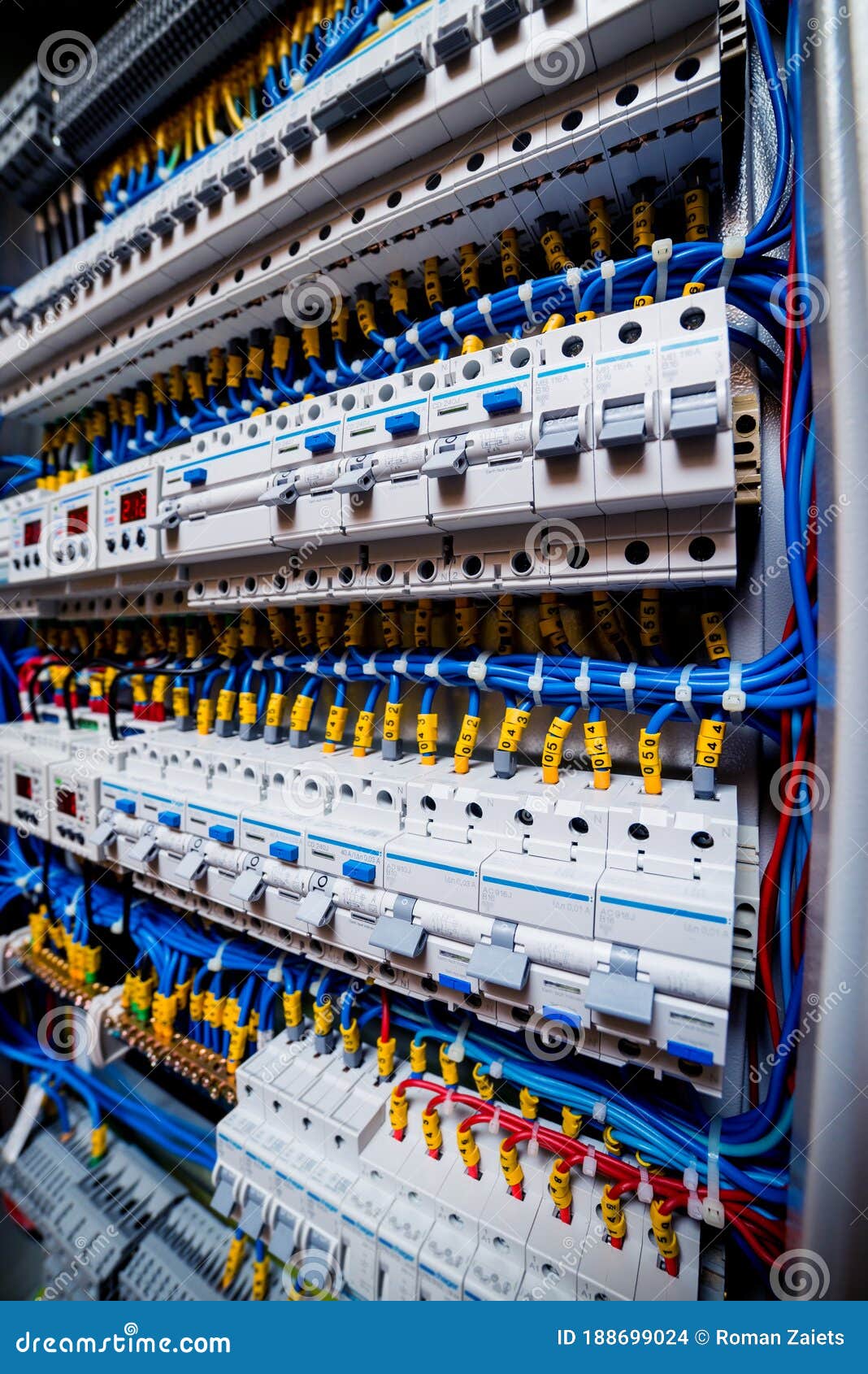 Voltage Switchboard with Circuit Breakers. Electrical Background. Stock ...