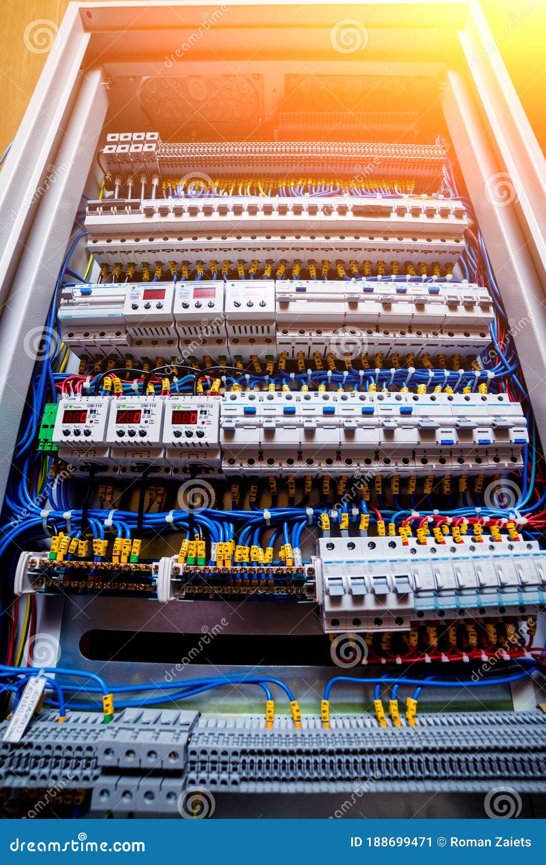 Voltage Switchboard with Circuit Breakers. Electrical Background. Stock ...