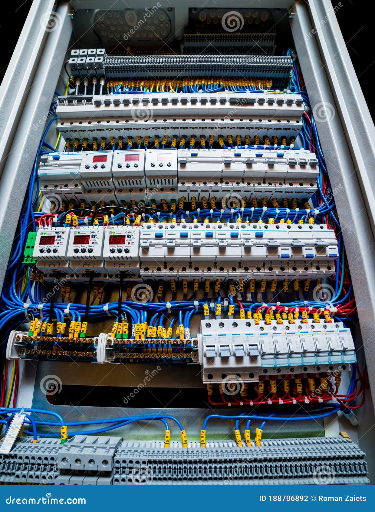 Voltage Switchboard with Circuit Breakers. Electrical Background. Stock ...