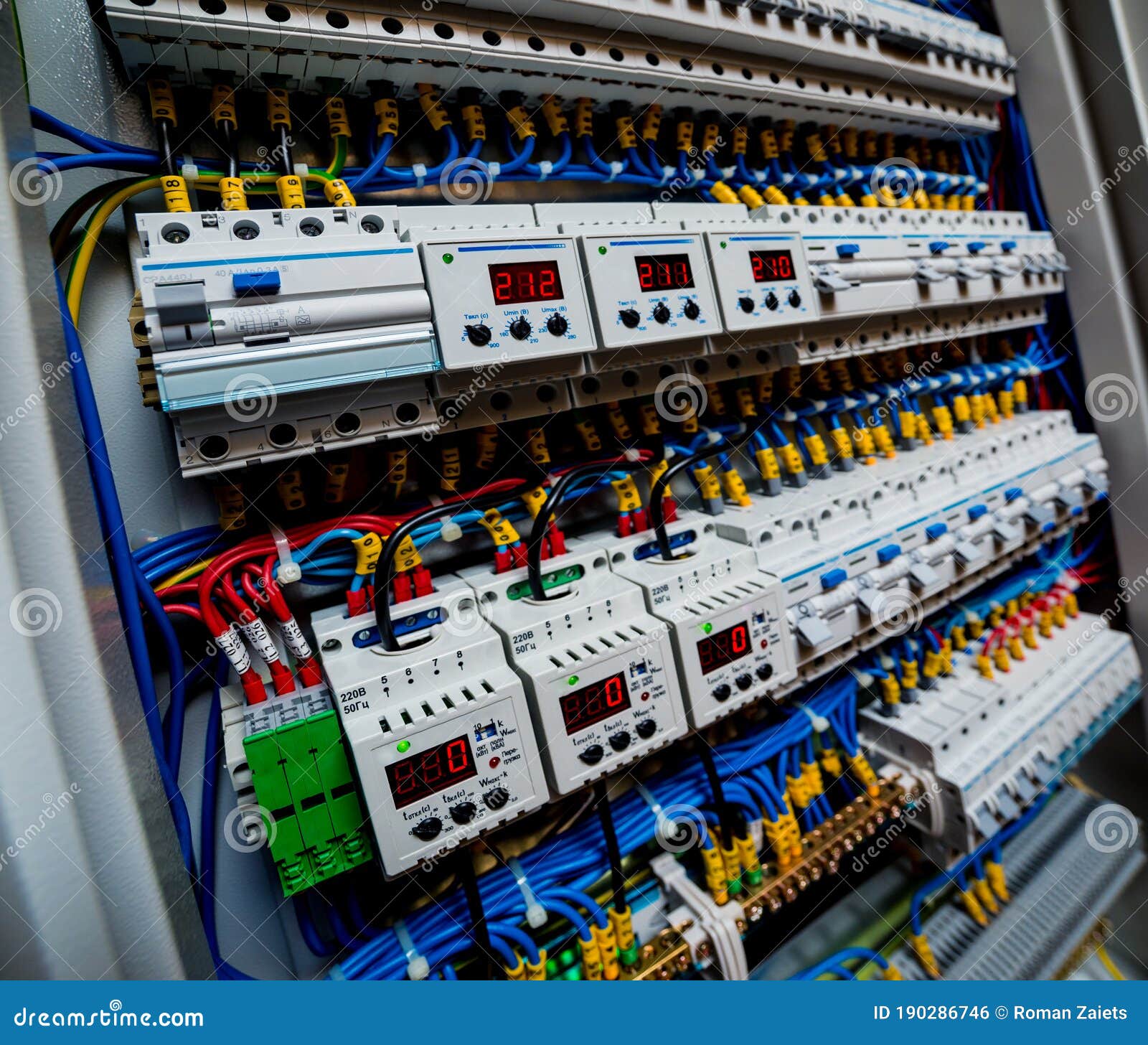 Voltage Switchboard with Circuit Breakers. Electrical Background. Stock ...