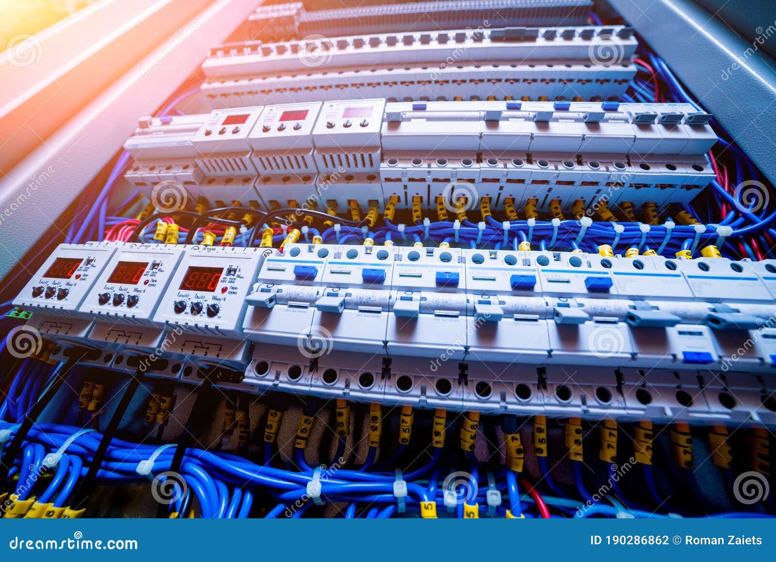 Voltage Switchboard with Circuit Breakers. Electrical Background. Stock ...